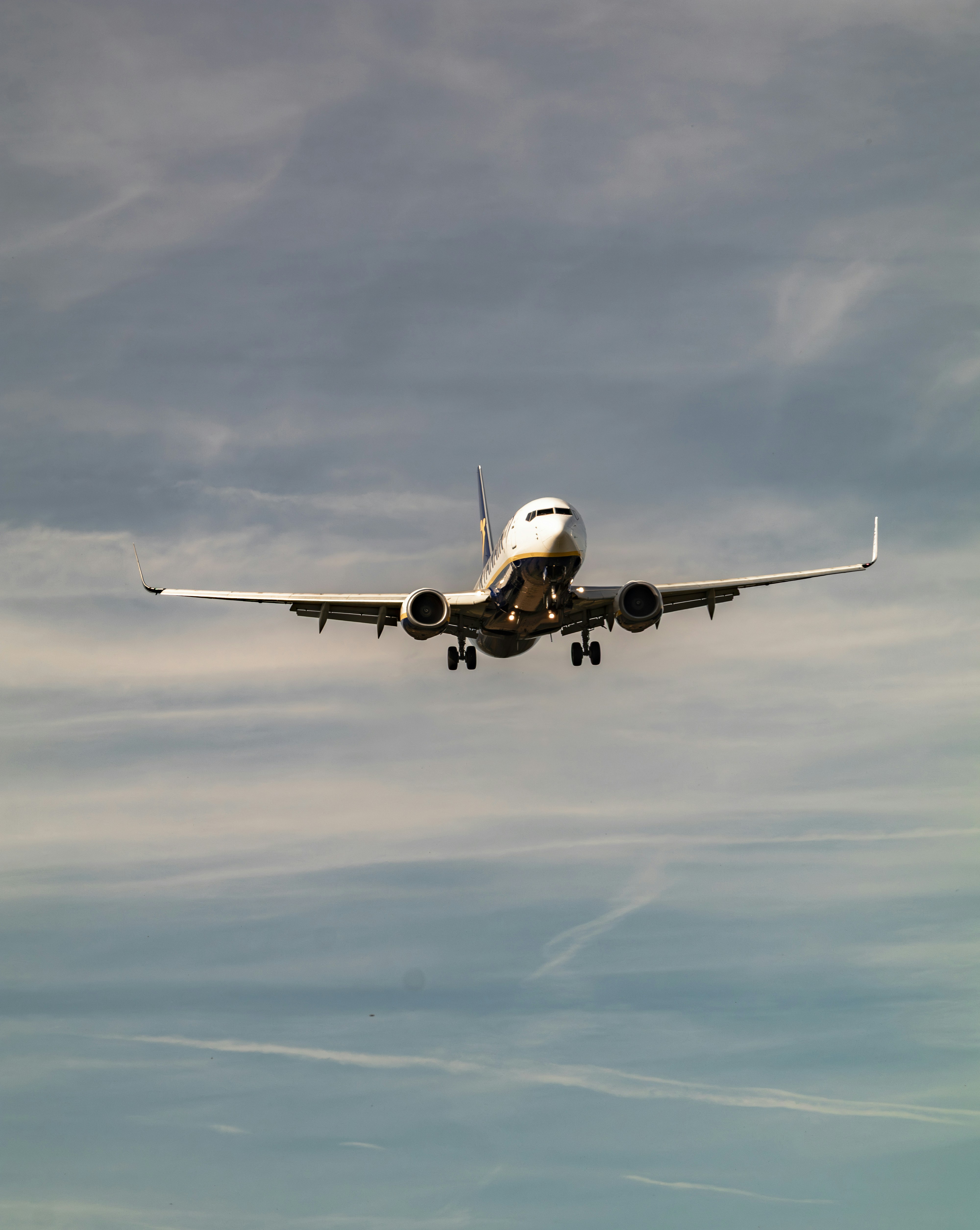 A commercial airplane flying in a cloudy sky