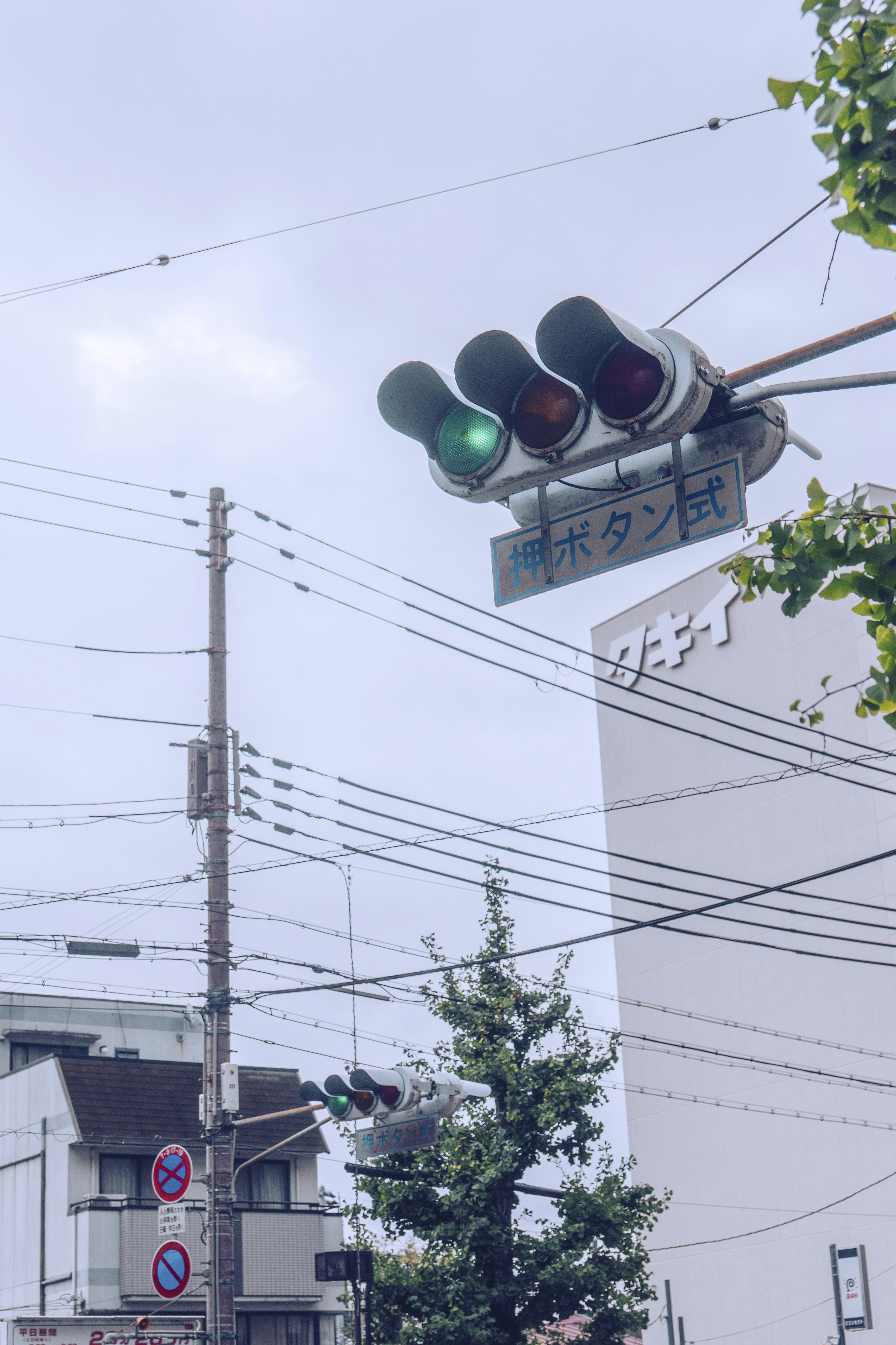 Green traffic light against a cloudy sky