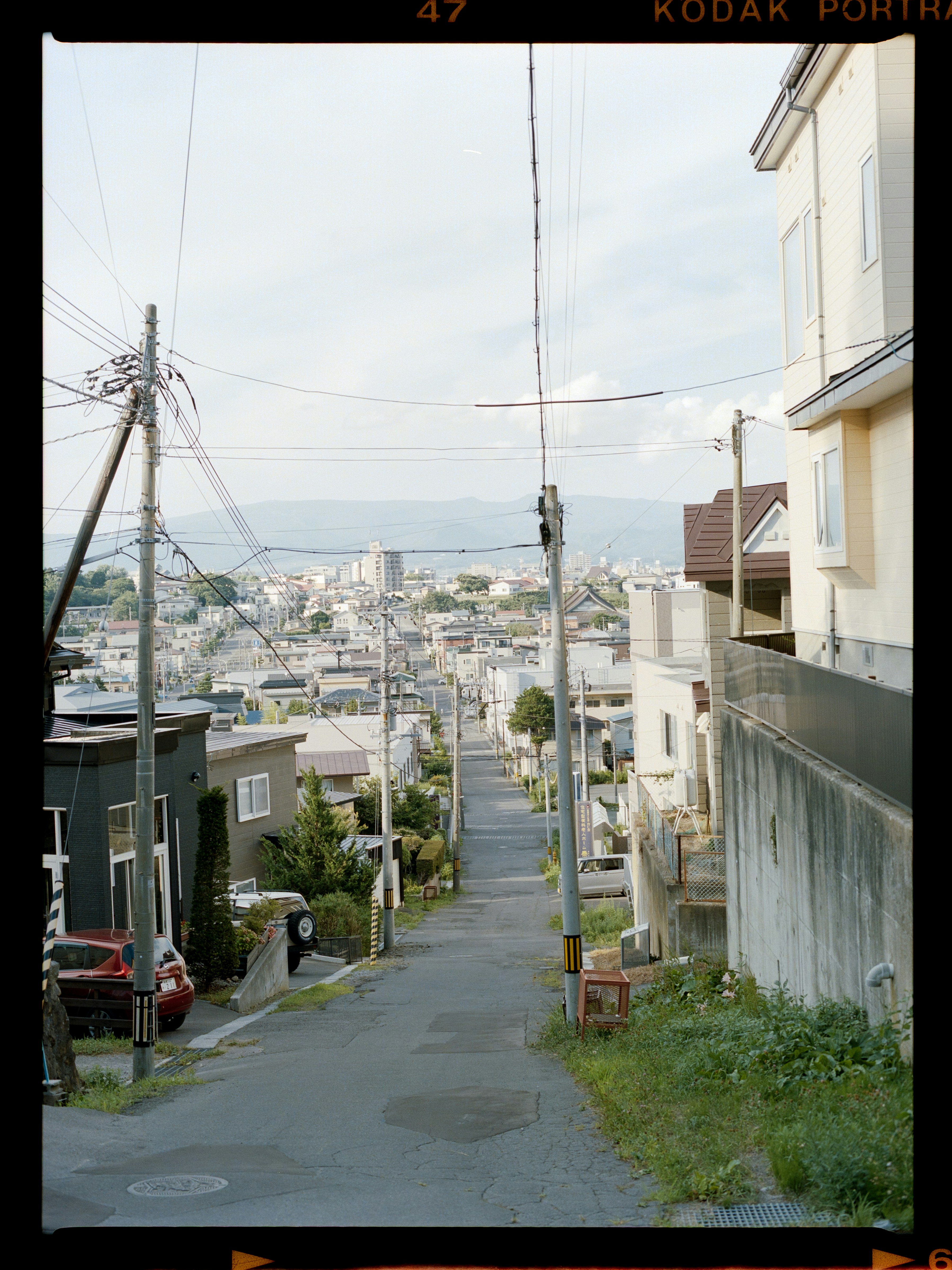 🎞️ Kodak Professional Portra 400｜🧪 Fuji Hunt C-41｜🖨️ EOS R6 + RF 100mm f/2.8L Macro｜📷 Mamiya 645 Pro + Mamiya-Sekor 80mm 1:1.9 | A quiet street in a residential neighborhood with distant mountains.