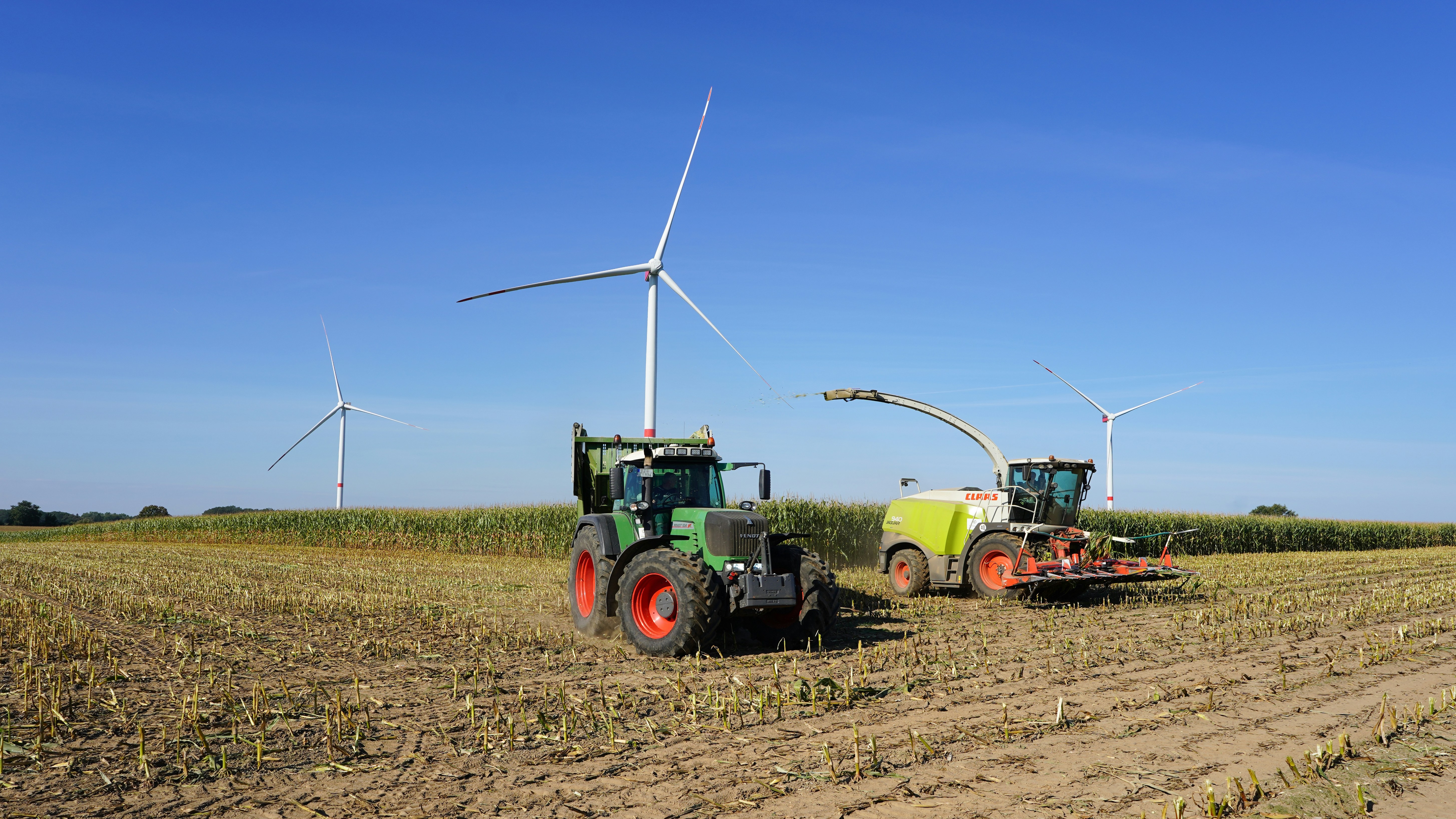 Two tractors working in a cornfield under clear blue skies, with wind turbines standing tall in the background.
