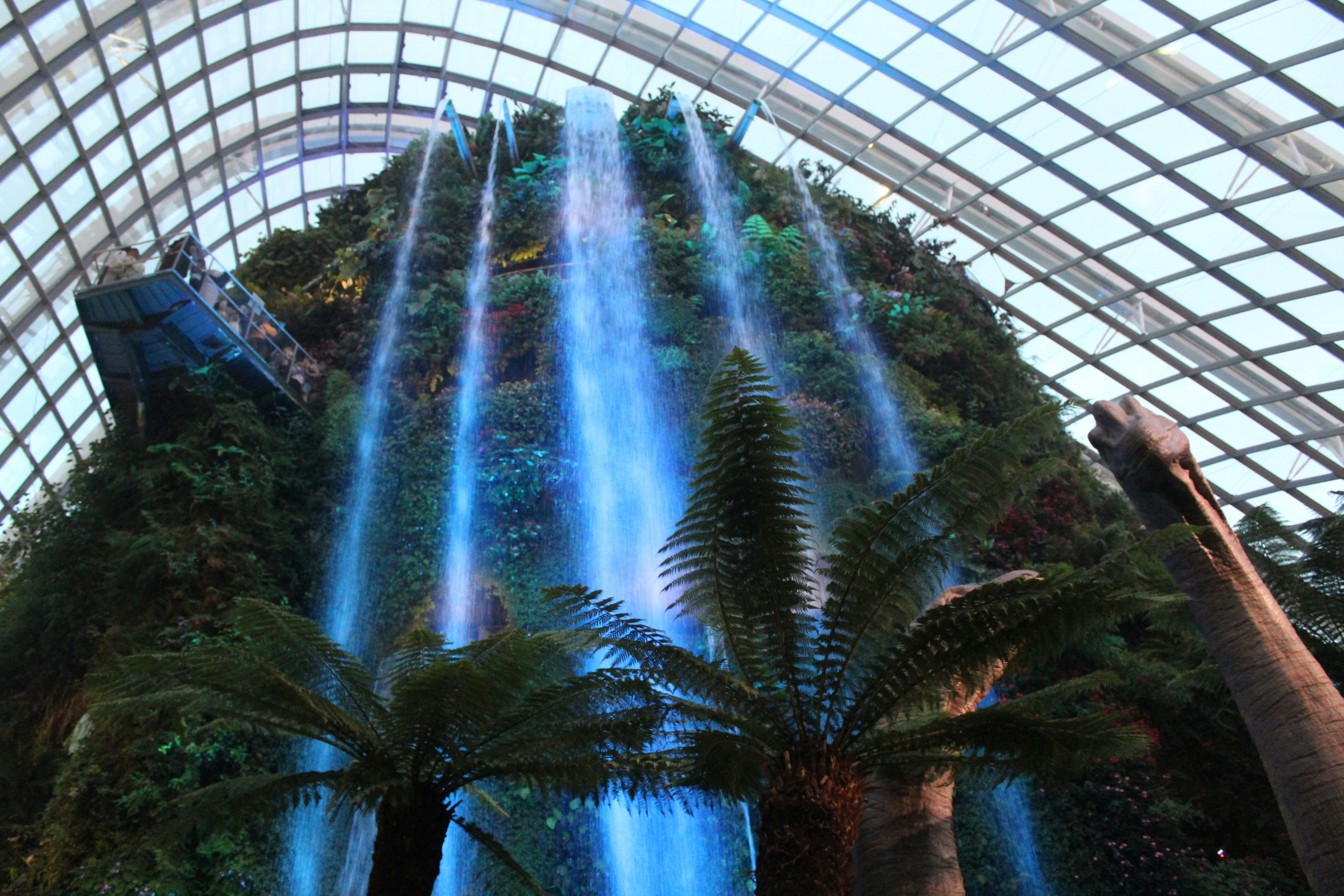 Azure Cascades Beneath a Glass Dome: A Tropical Waterfall Oasis