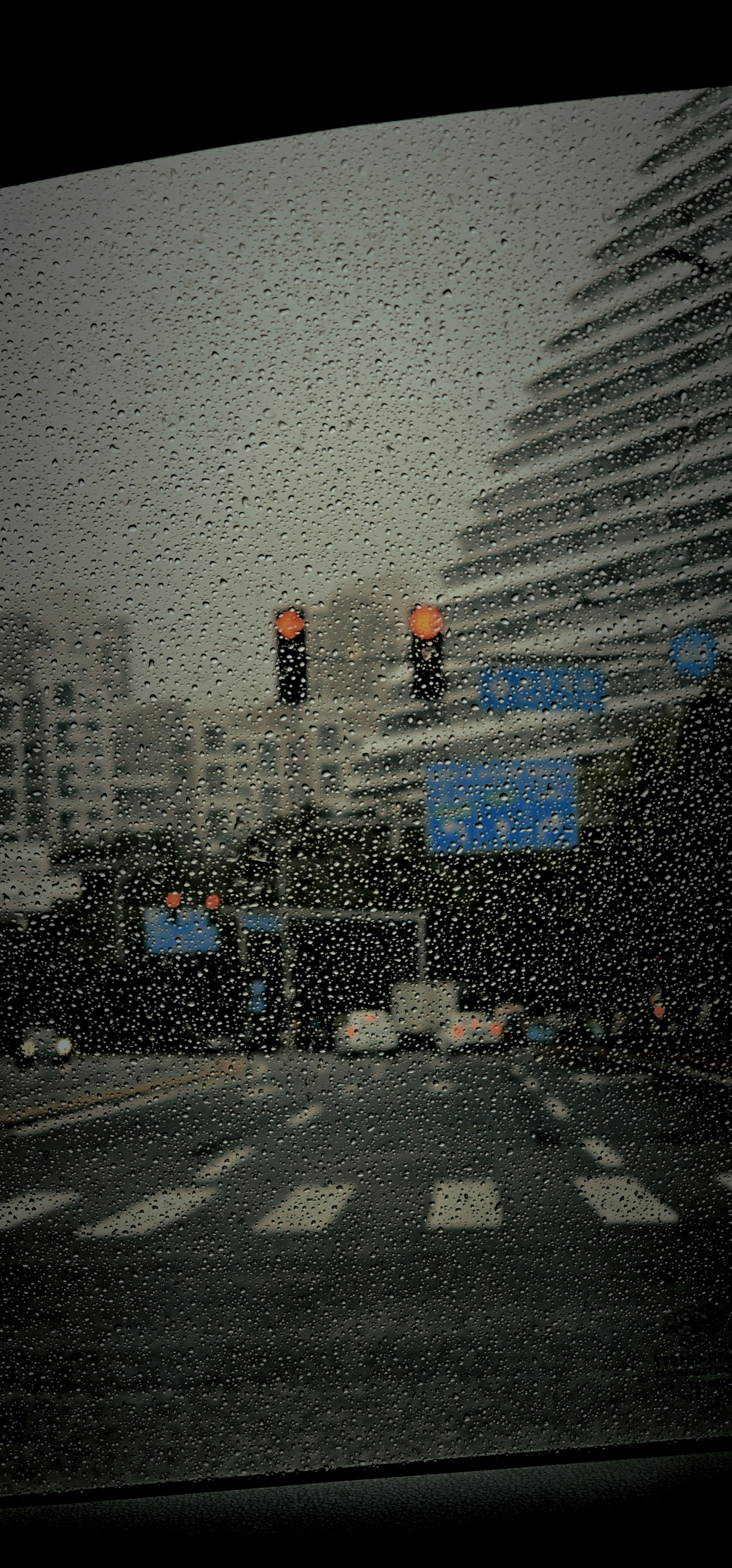 Raindrops on a car window obscure a busy city intersection, featuring traffic lights and signage. The scene captures the essence of urban life amid inclement weather.