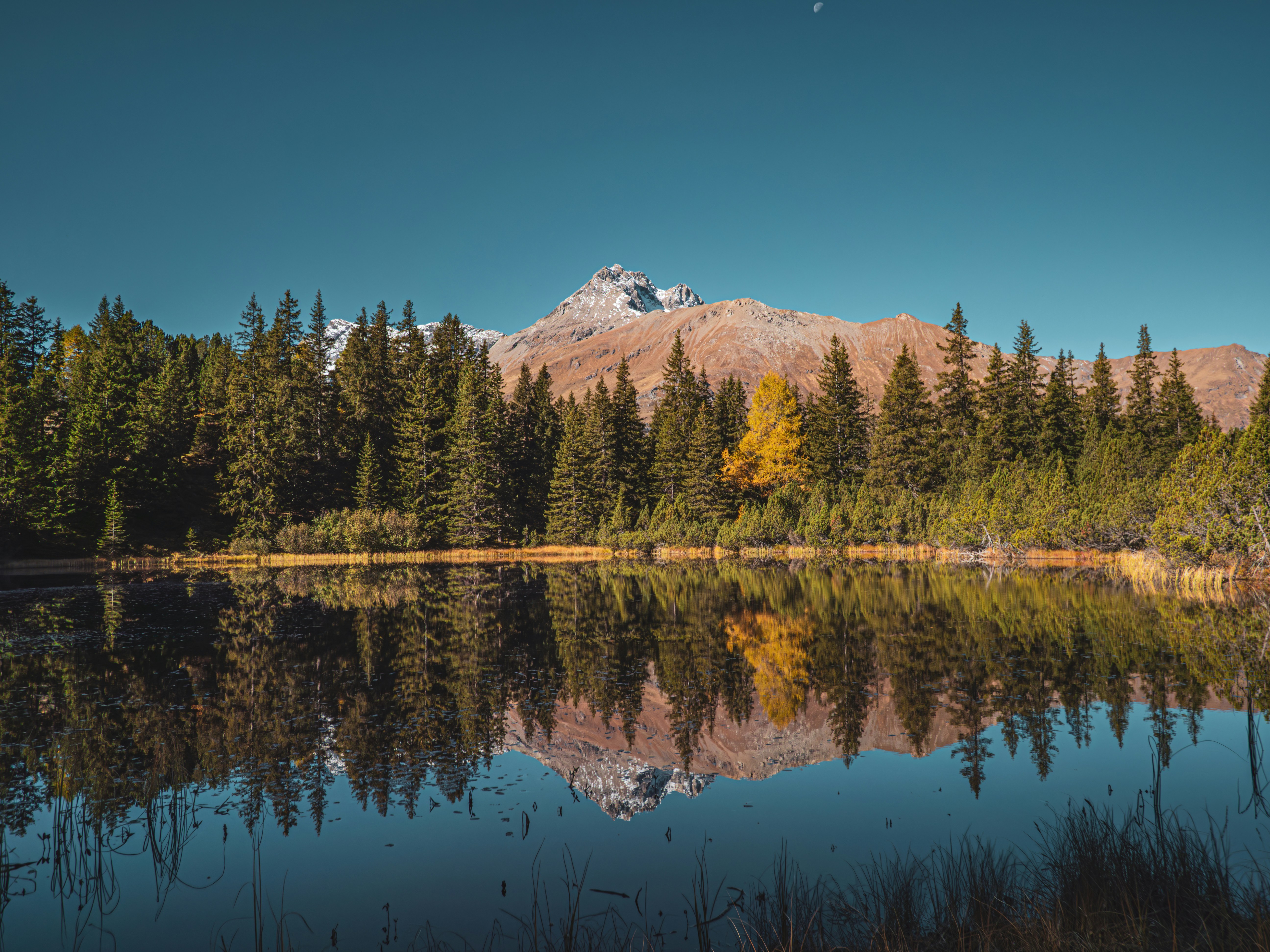 A serene lake reflecting the vibrant autumn colors of surrounding trees and a majestic mountain backdrop.