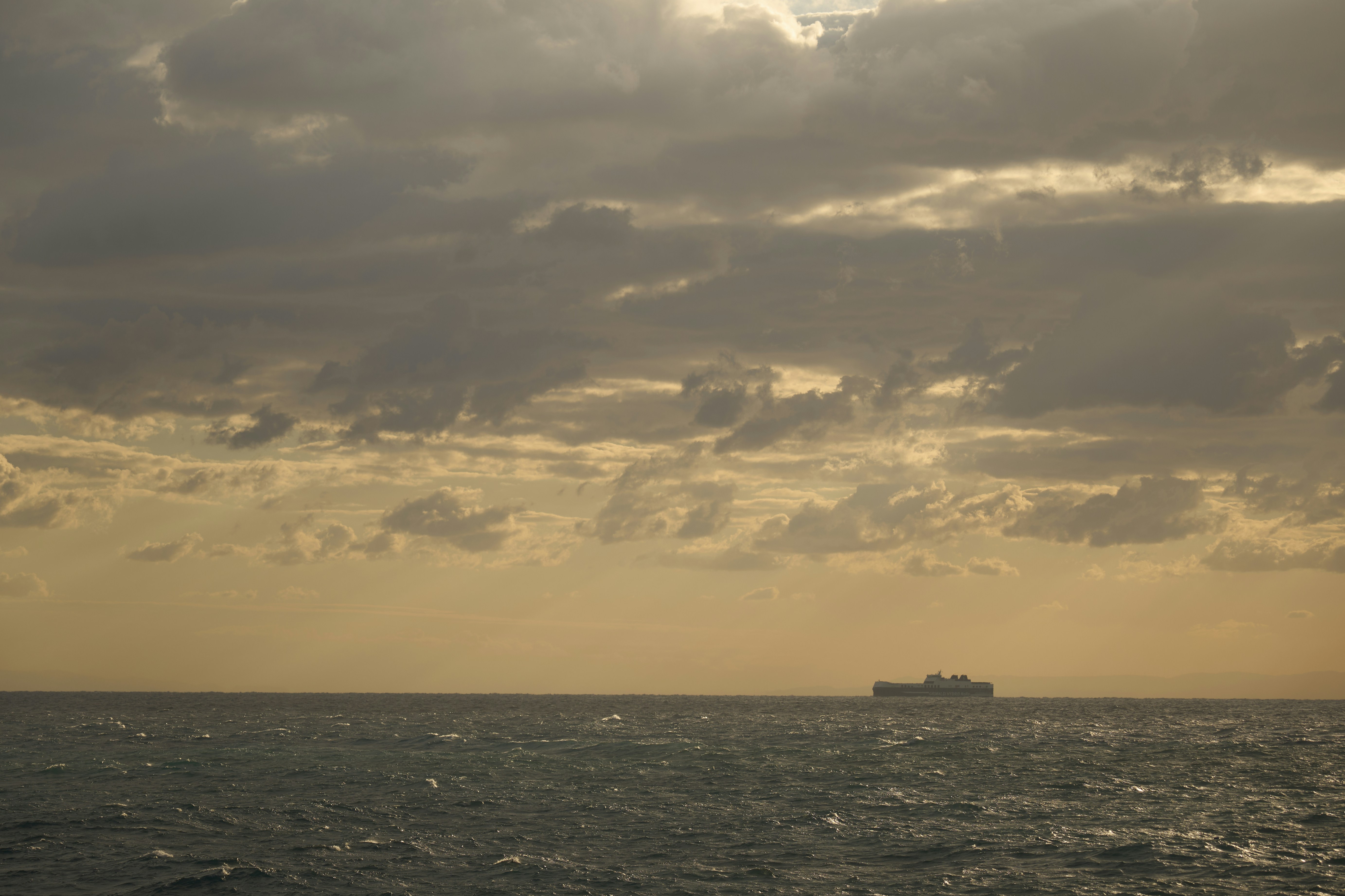 Cargo ship sailing on the ocean under cloudy sky