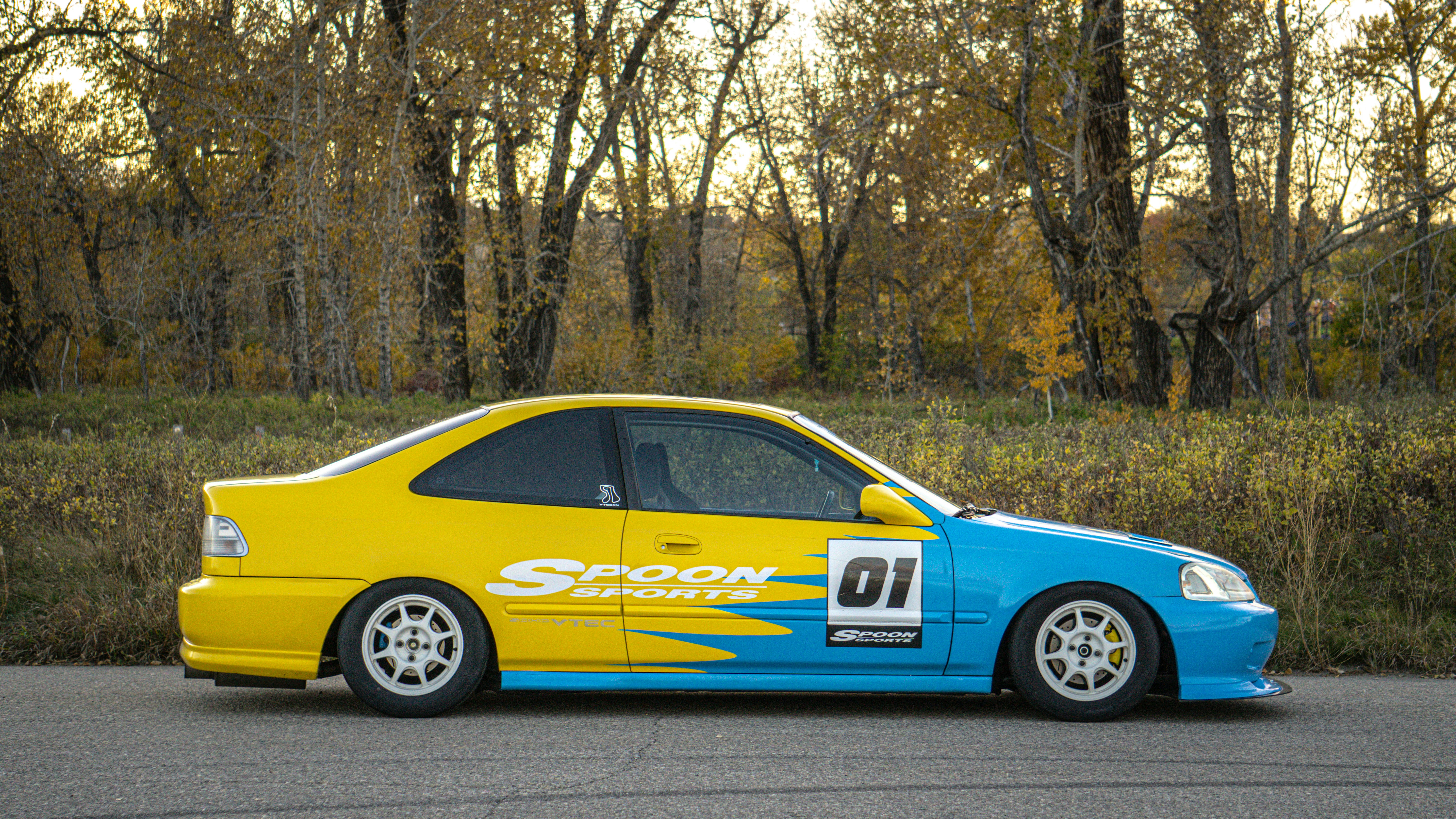 Modified car featuring a striking blue and yellow color scheme with Spoon Sports branding, parked amidst autumn foliage.