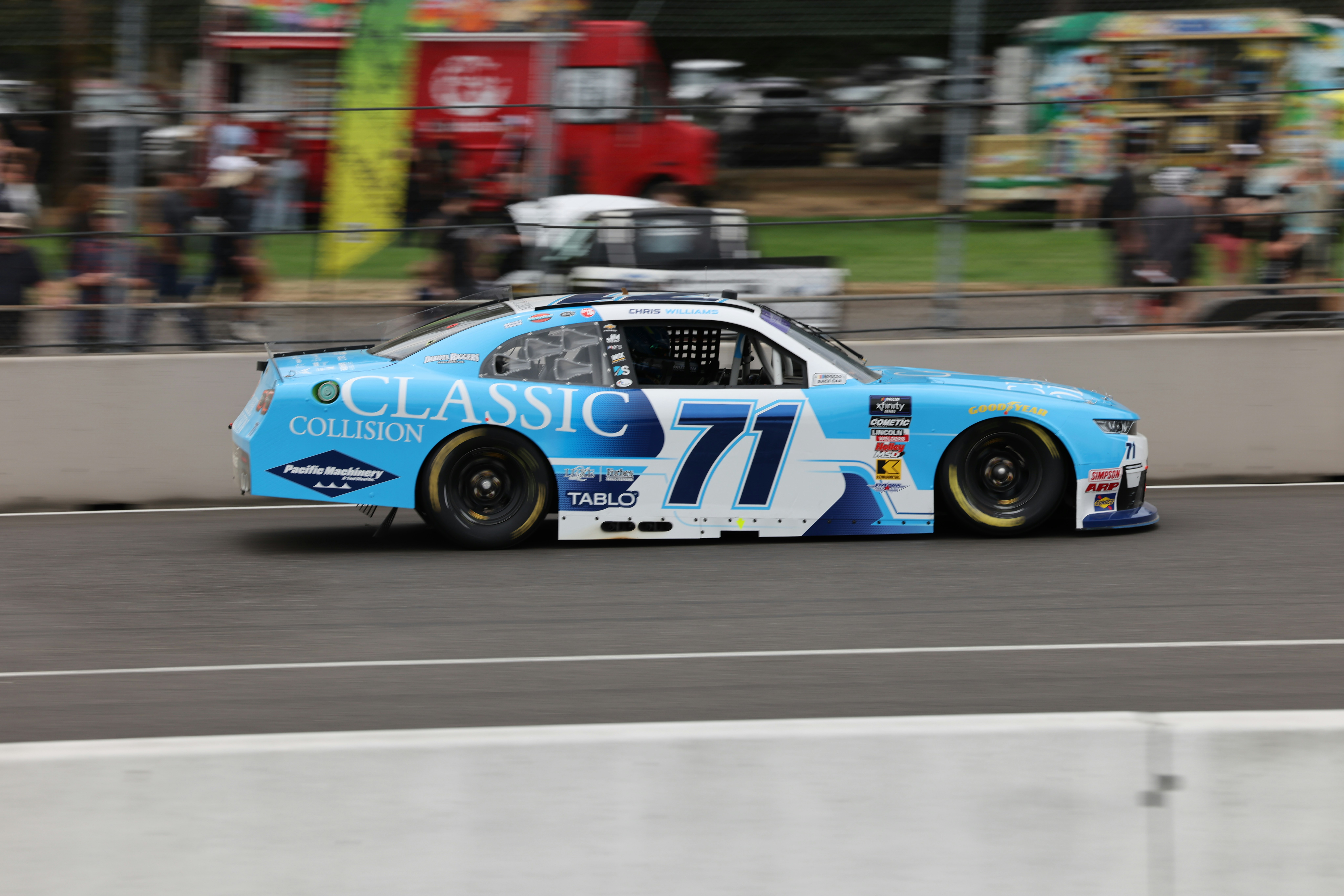 Race car number 77 zooming past spectators at a motorsport event, showcasing its vibrant blue livery. The dynamic motion emphasizes the excitement of the race.