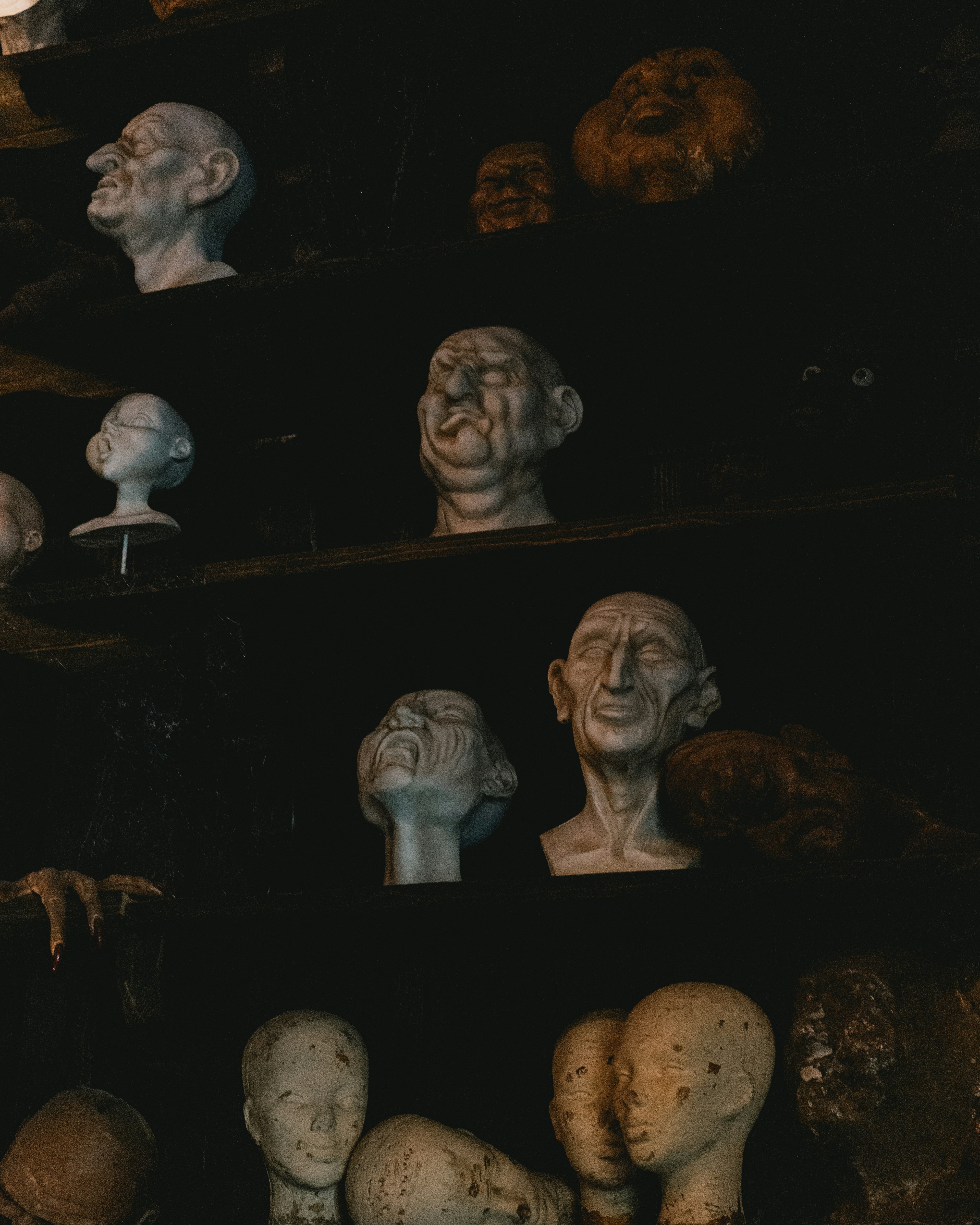 Collection of creepy sculpted heads on shelves