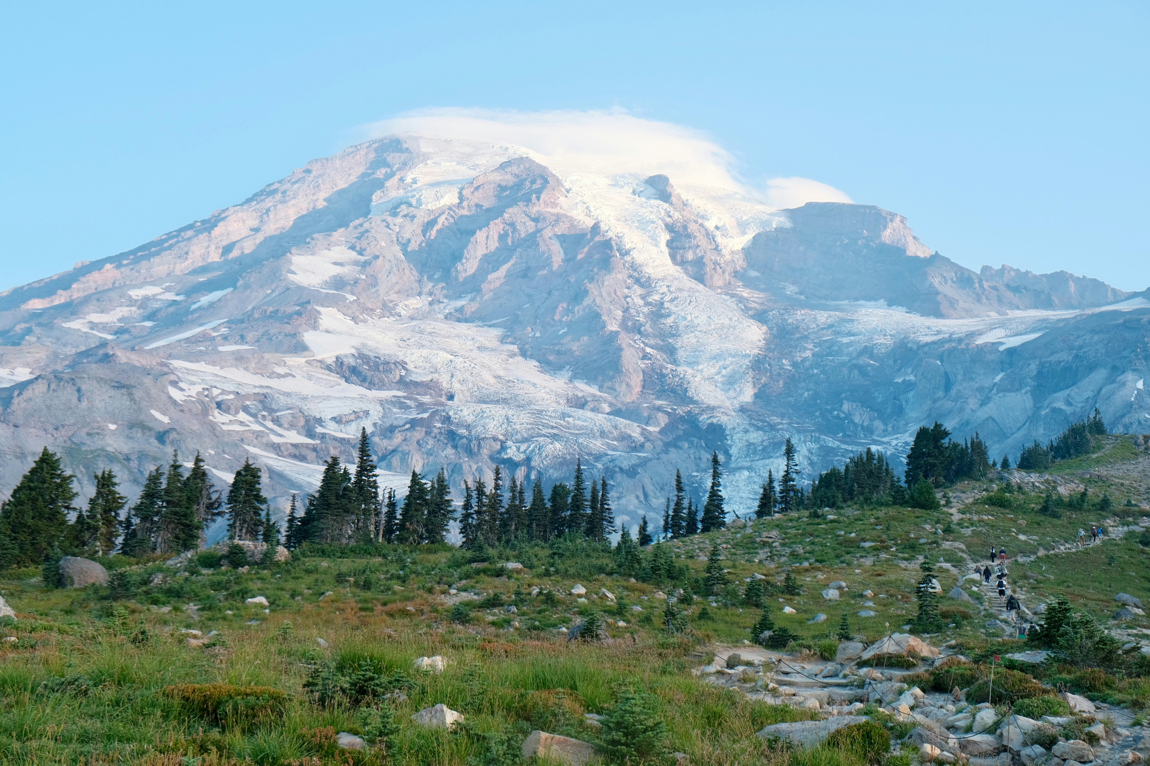 Snow-capped mountain with green trees and grass.