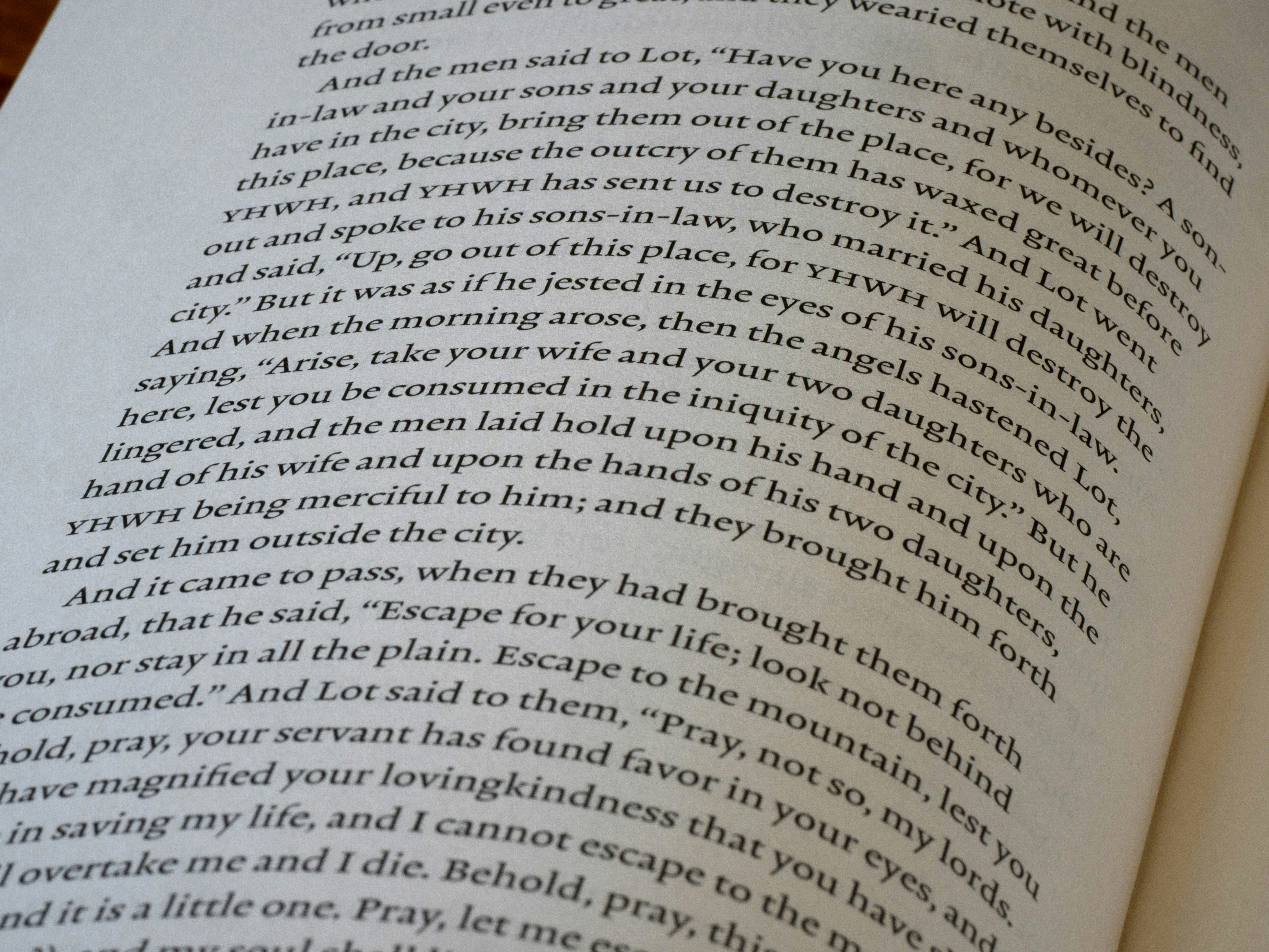 Open book page featuring a narrative with dialogue, emphasizing themes of urgency and escape. The text is clearly visible and well-defined.