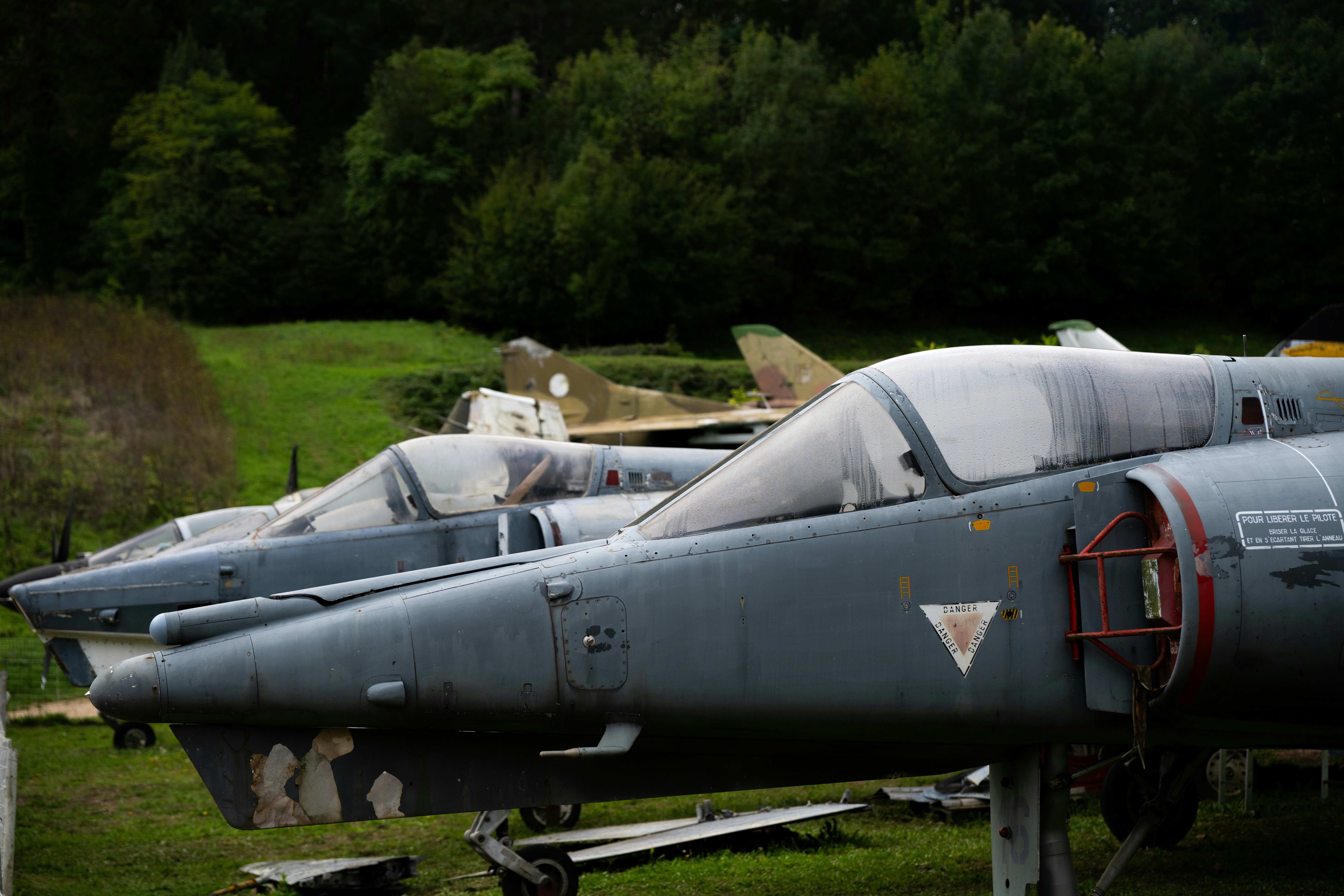 Quiet Relics: Weathered Fighters Line Up in a Grassy Field