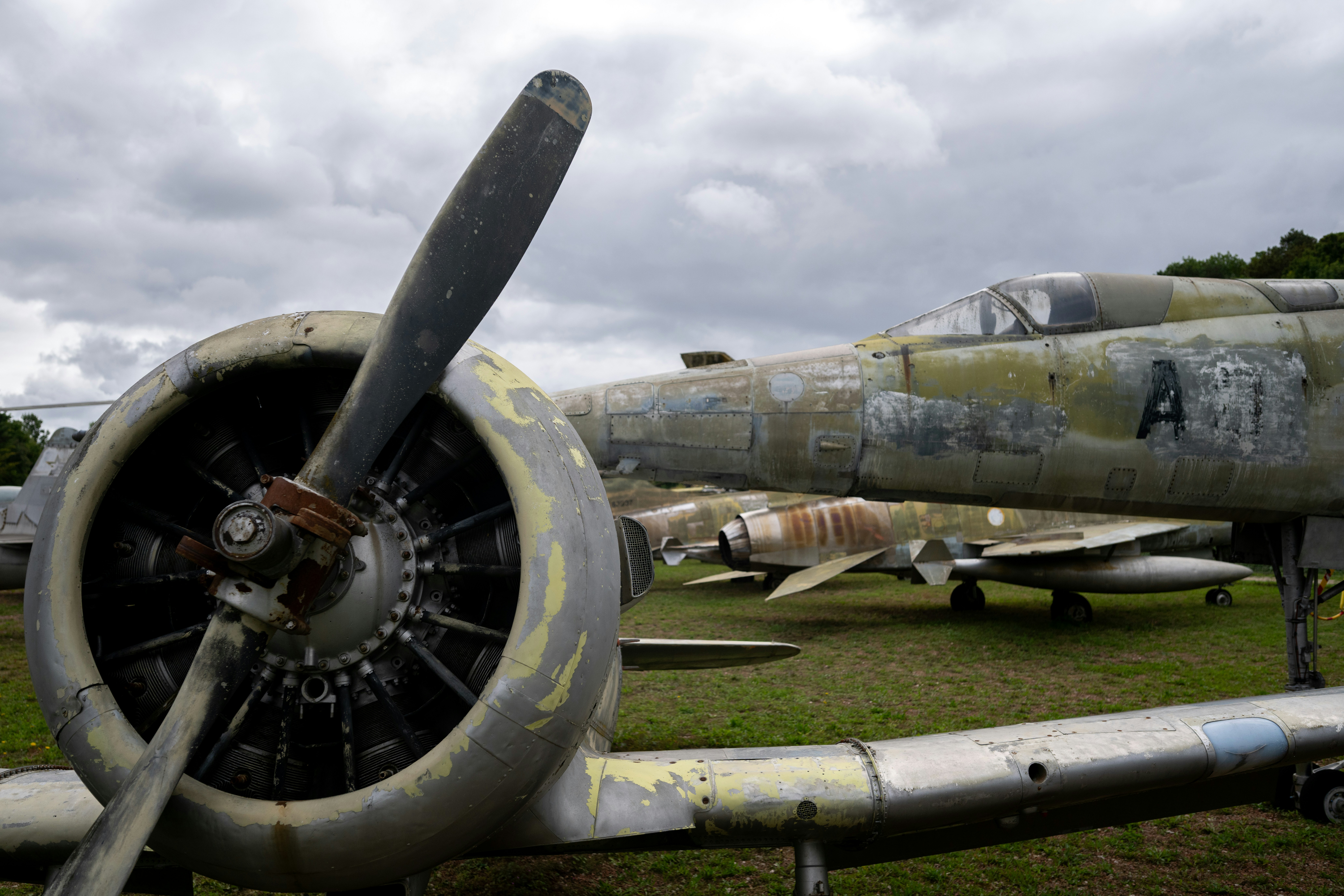 Old airplanes parked in a grassy field