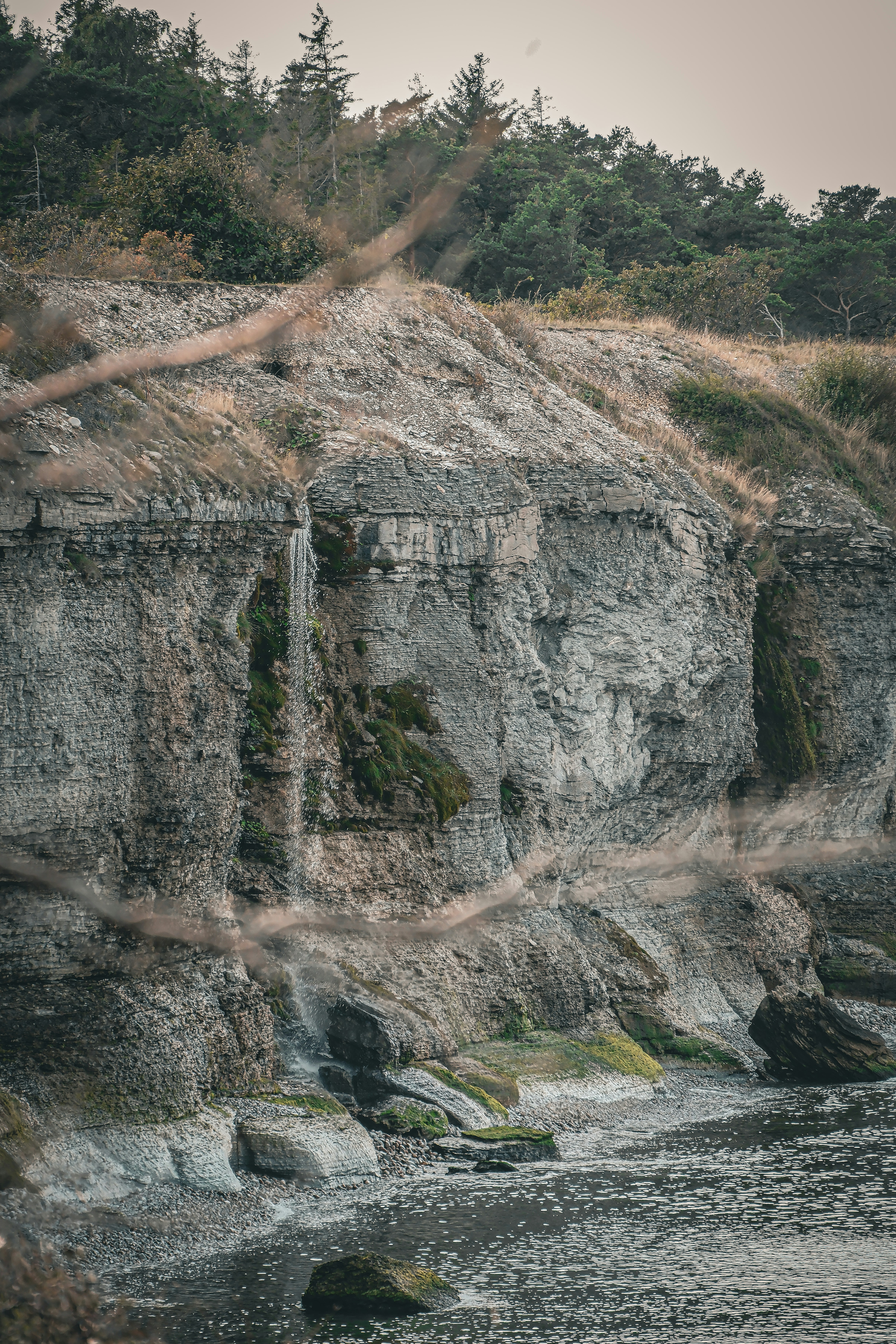 A rugged coastal cliff covered in patches of moss and vegetation, with a gentle stream trickling down the rock. | Rocky cliff face with vegetation and ocean shore.