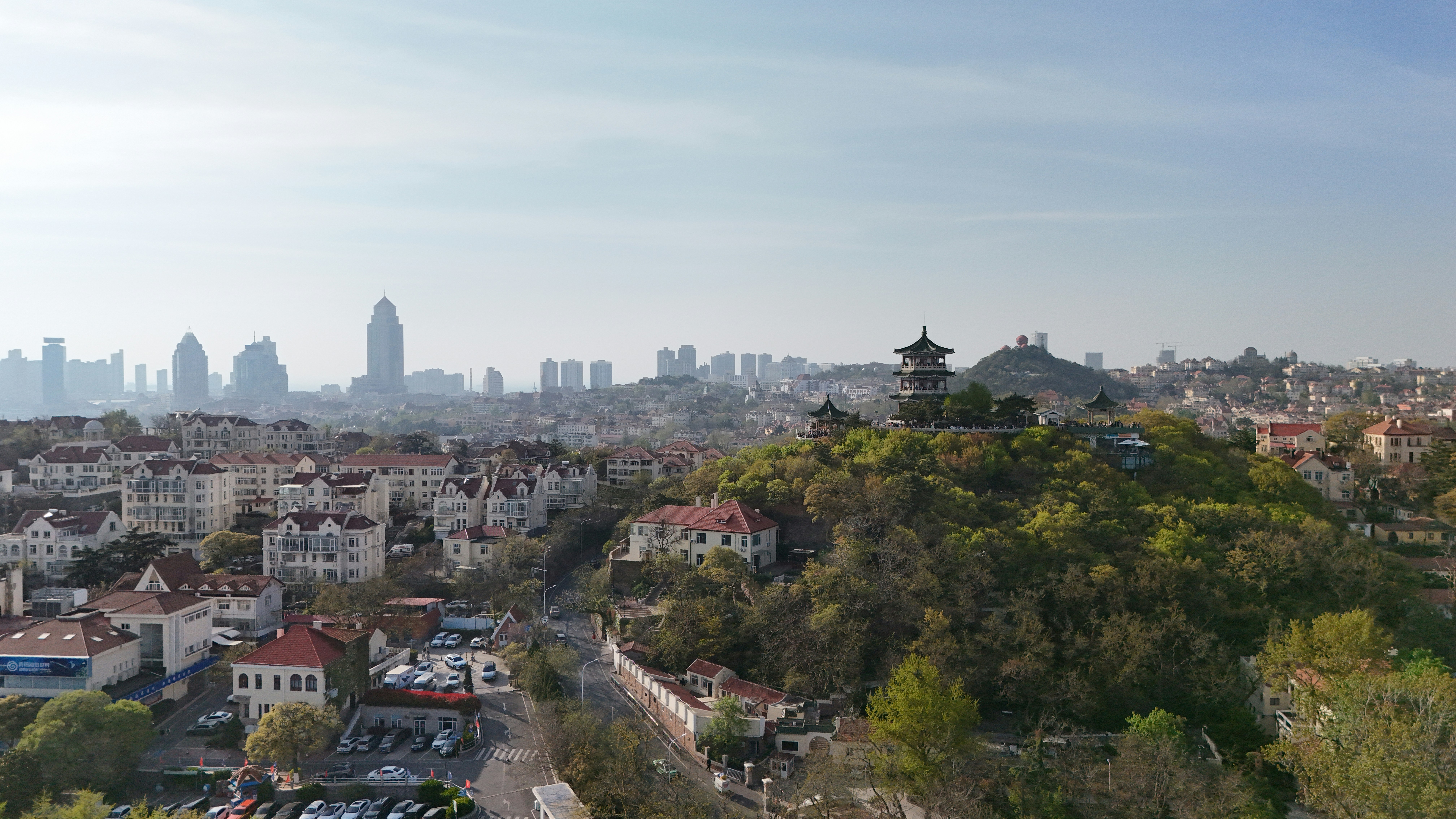City skyline with buildings and a hill.