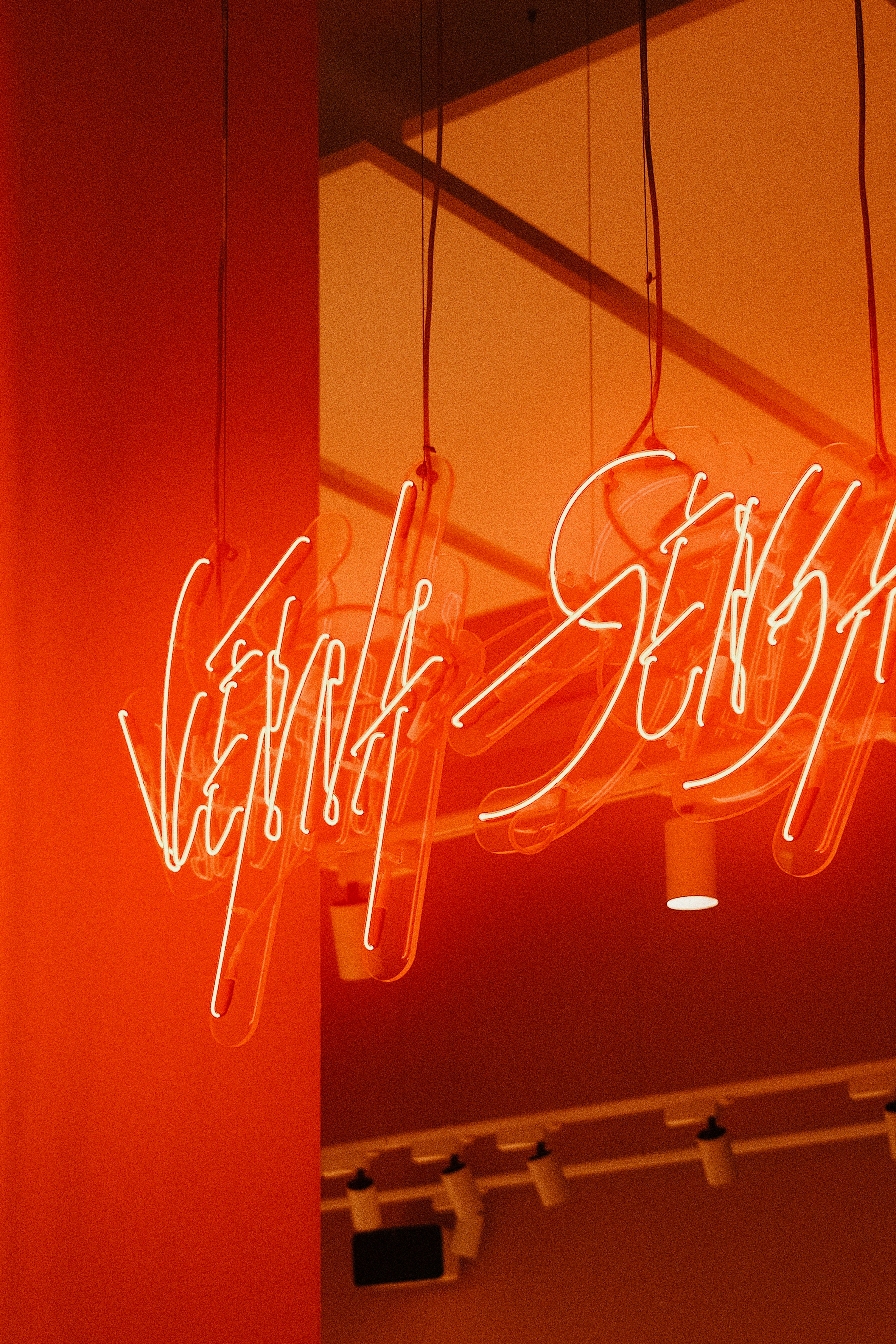 Neon signs illuminate a modern interior space.