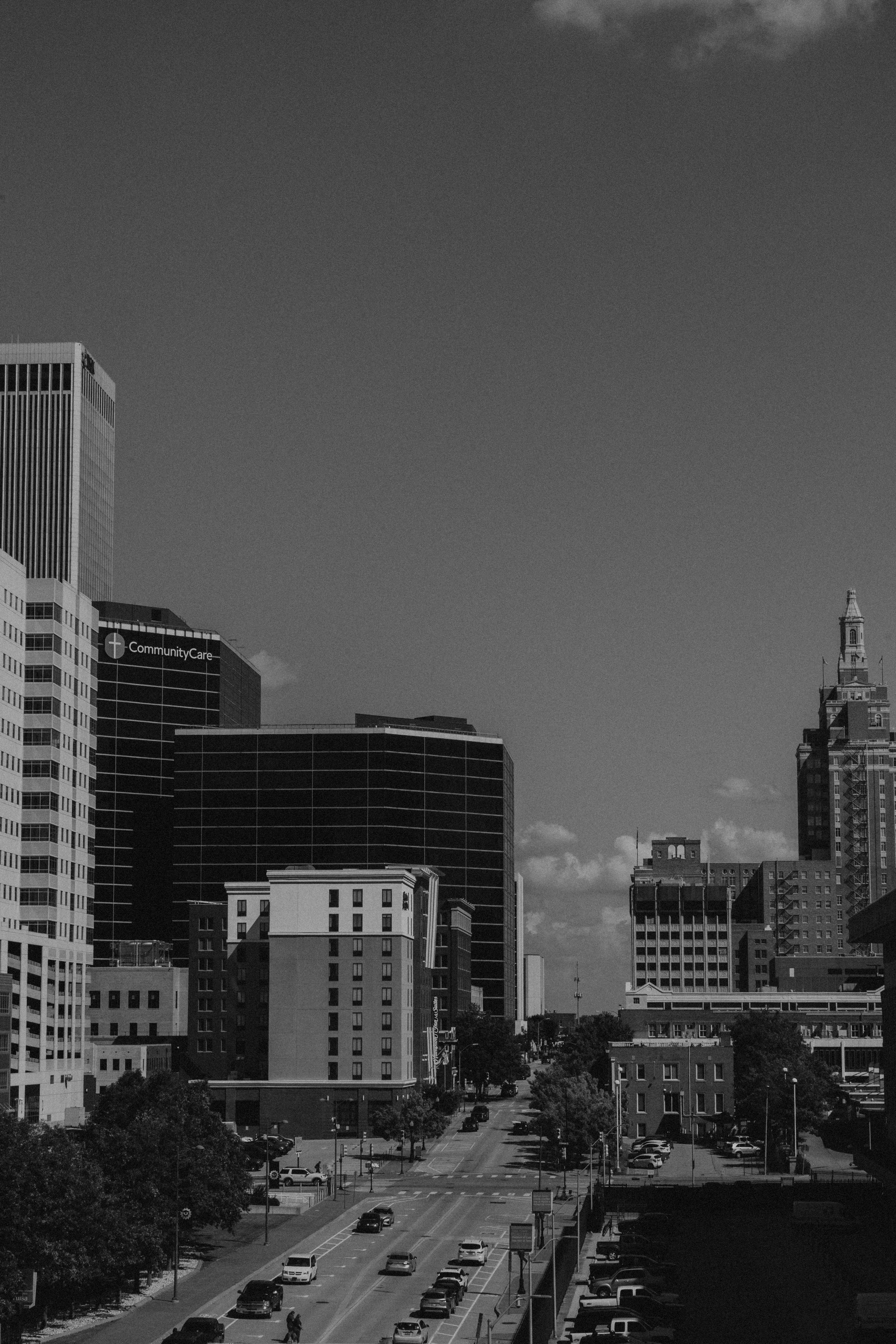City skyline with buildings and a street below.