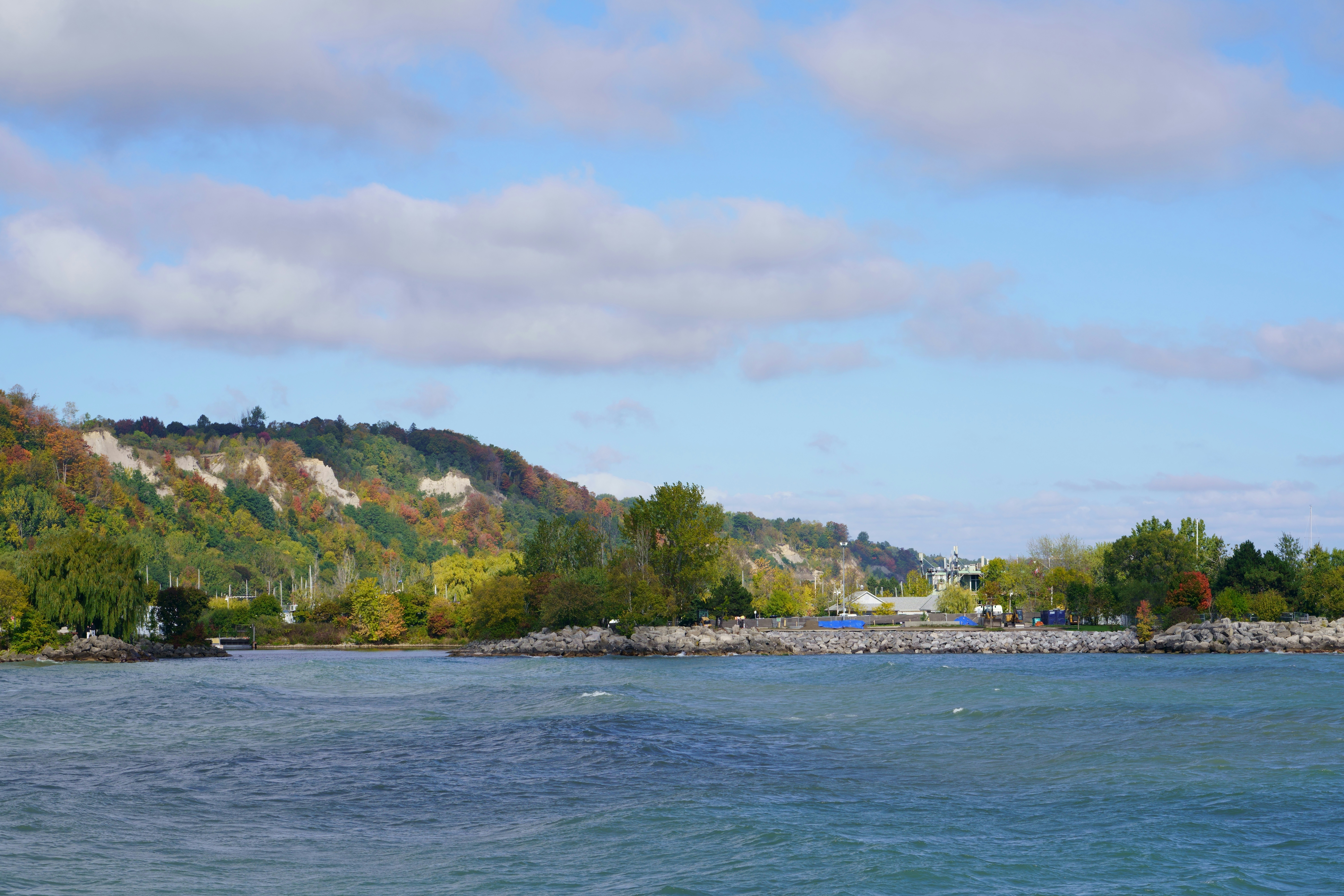 Waterfront park with trees and a hill.