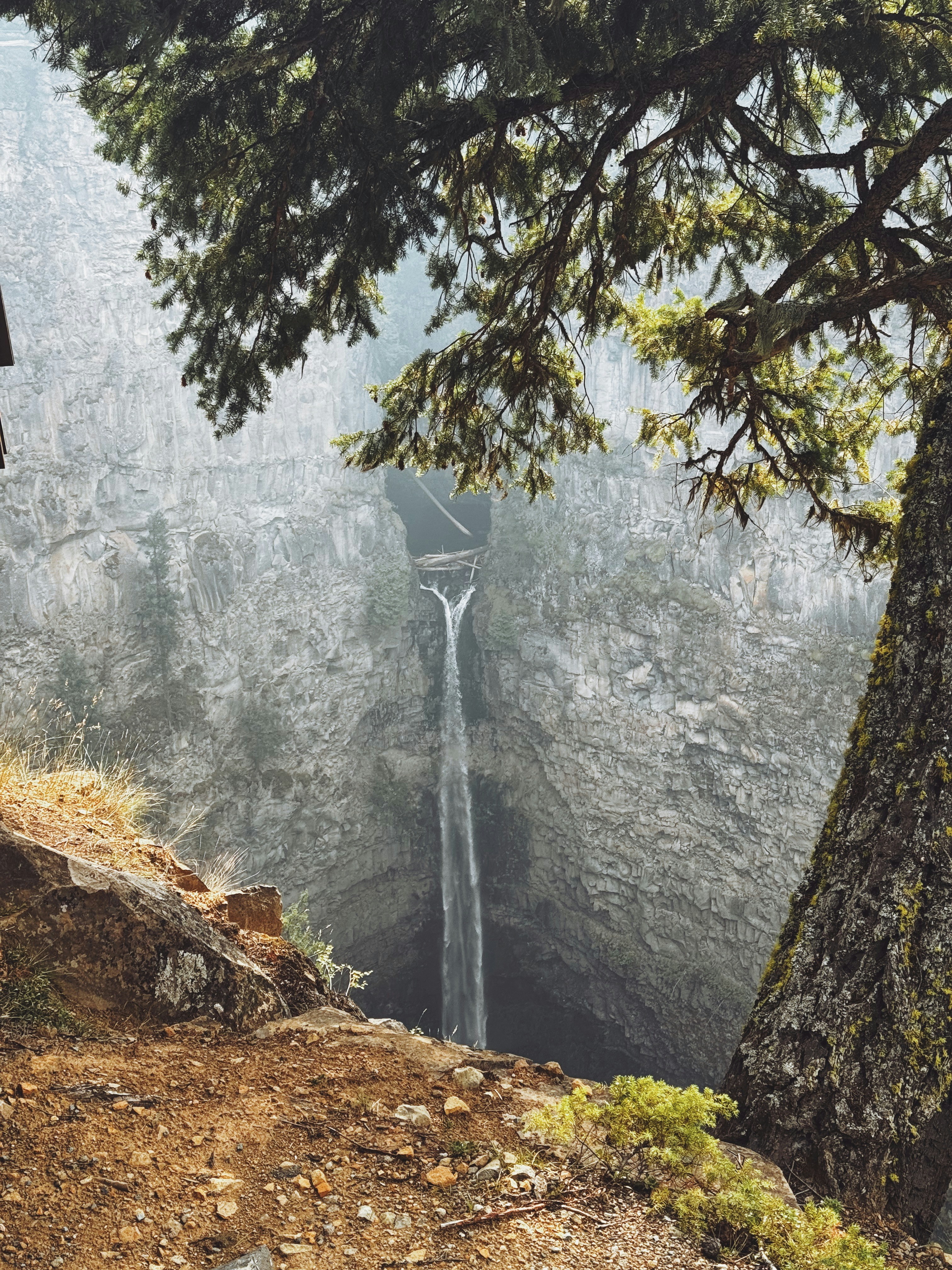 Tall waterfall cascades down a rocky cliff face