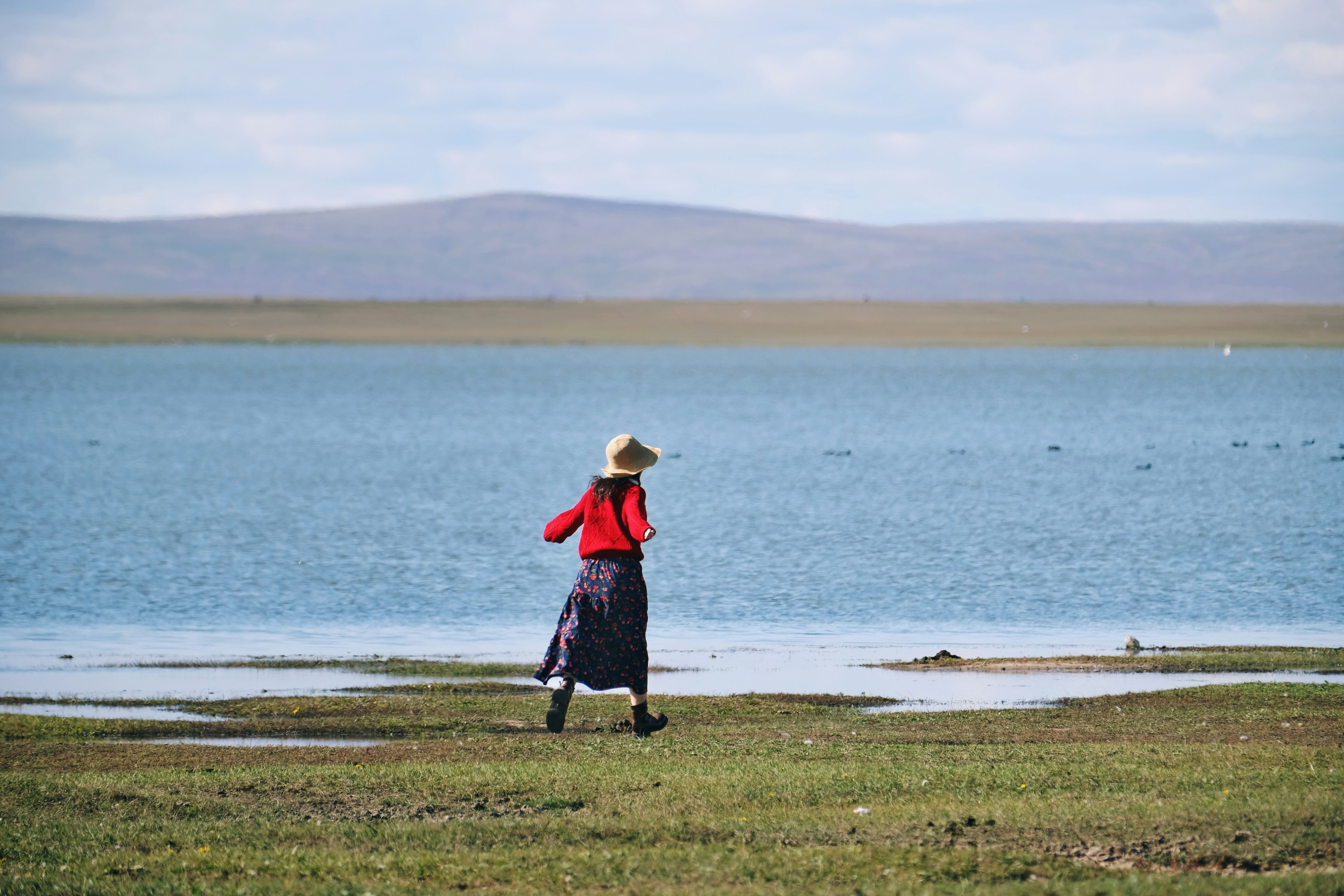 Red-Top Wanderer on a Quiet Lakeshore