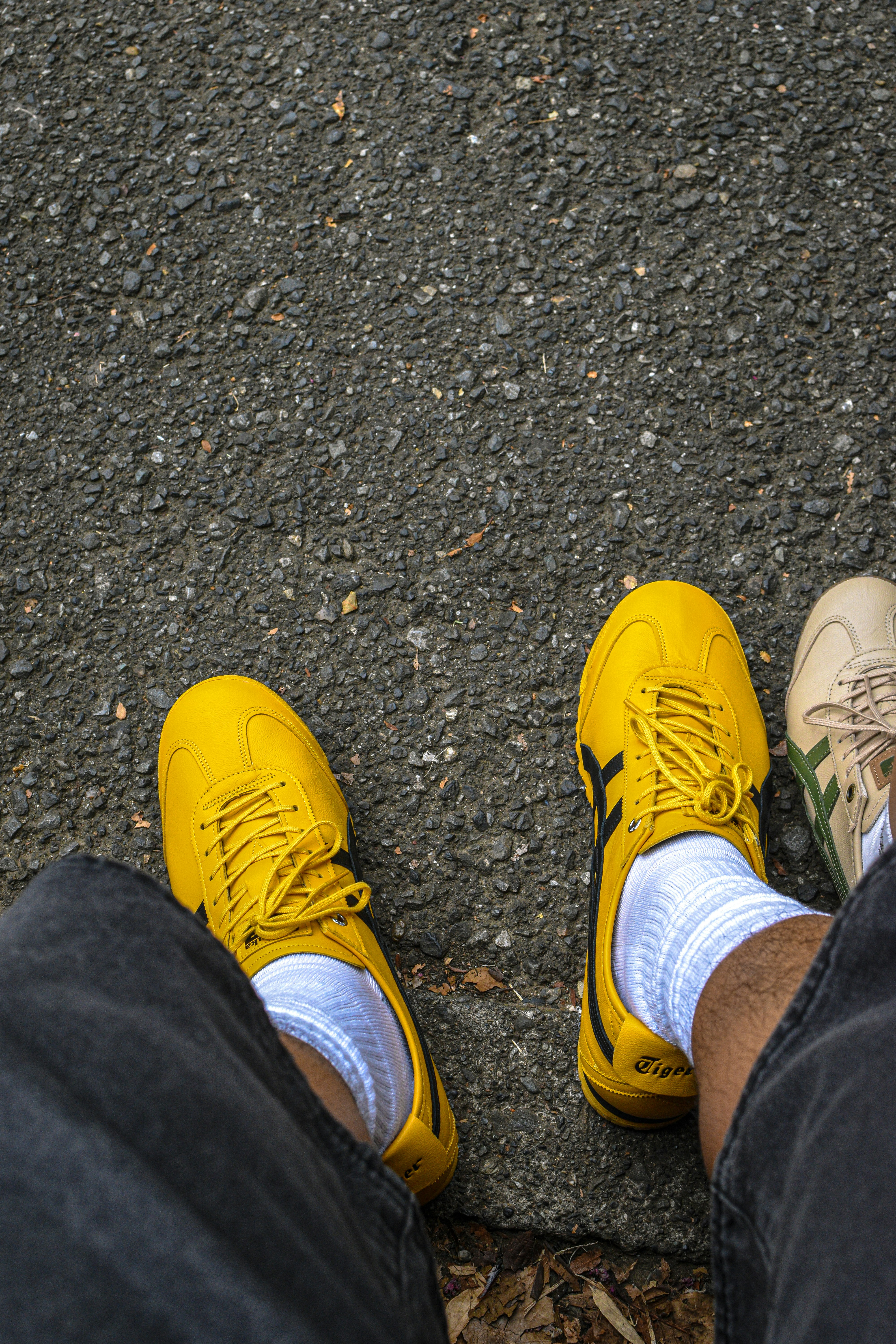 Two pairs of stylish sneakers resting on a textured asphalt surface, showcasing vibrant colors and contrasting styles.