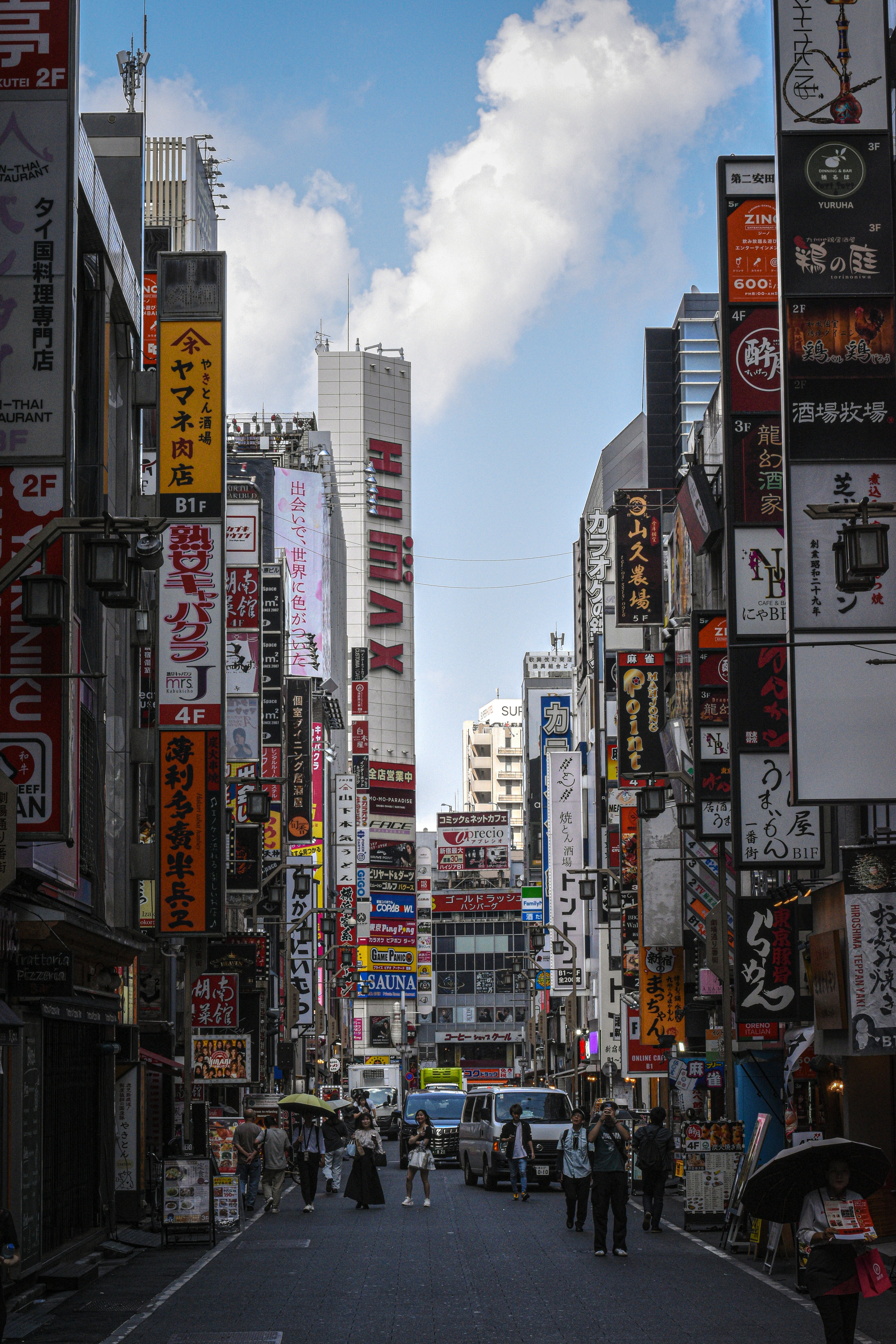 Busy street in tokyo with neon signs and people