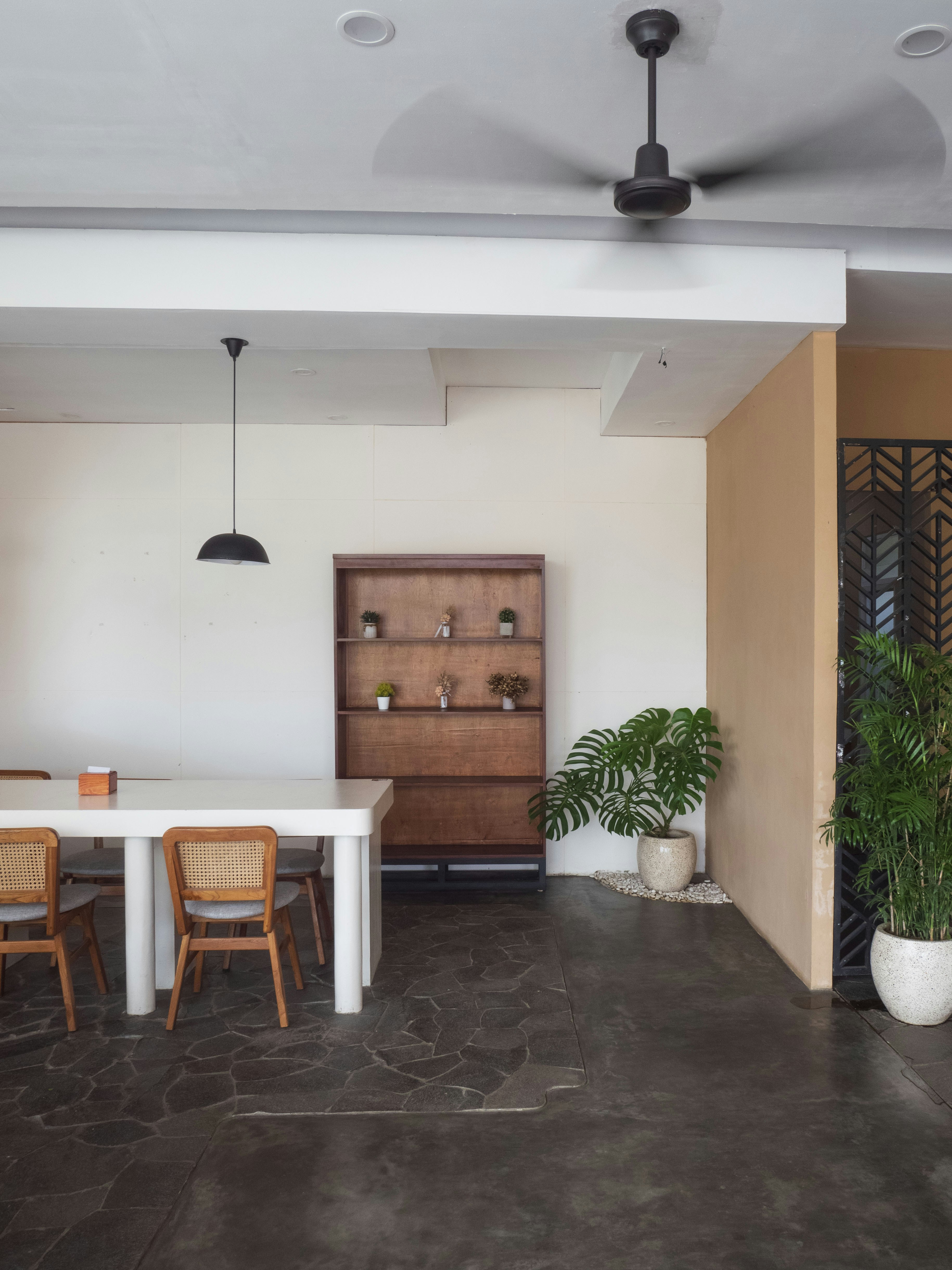 Modern dining area with wooden furniture and plants