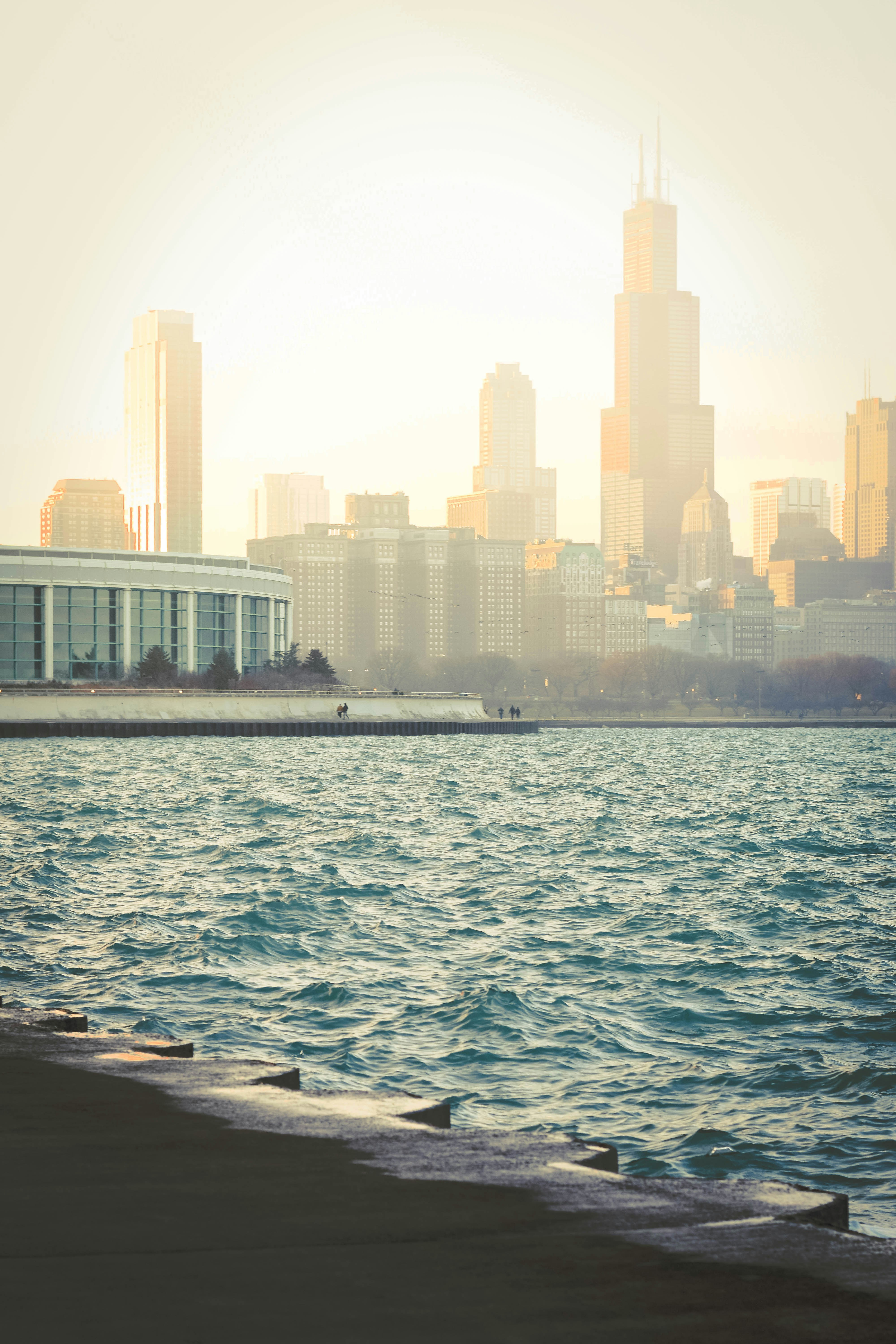 Chicago skyline across lake michigan on a hazy day