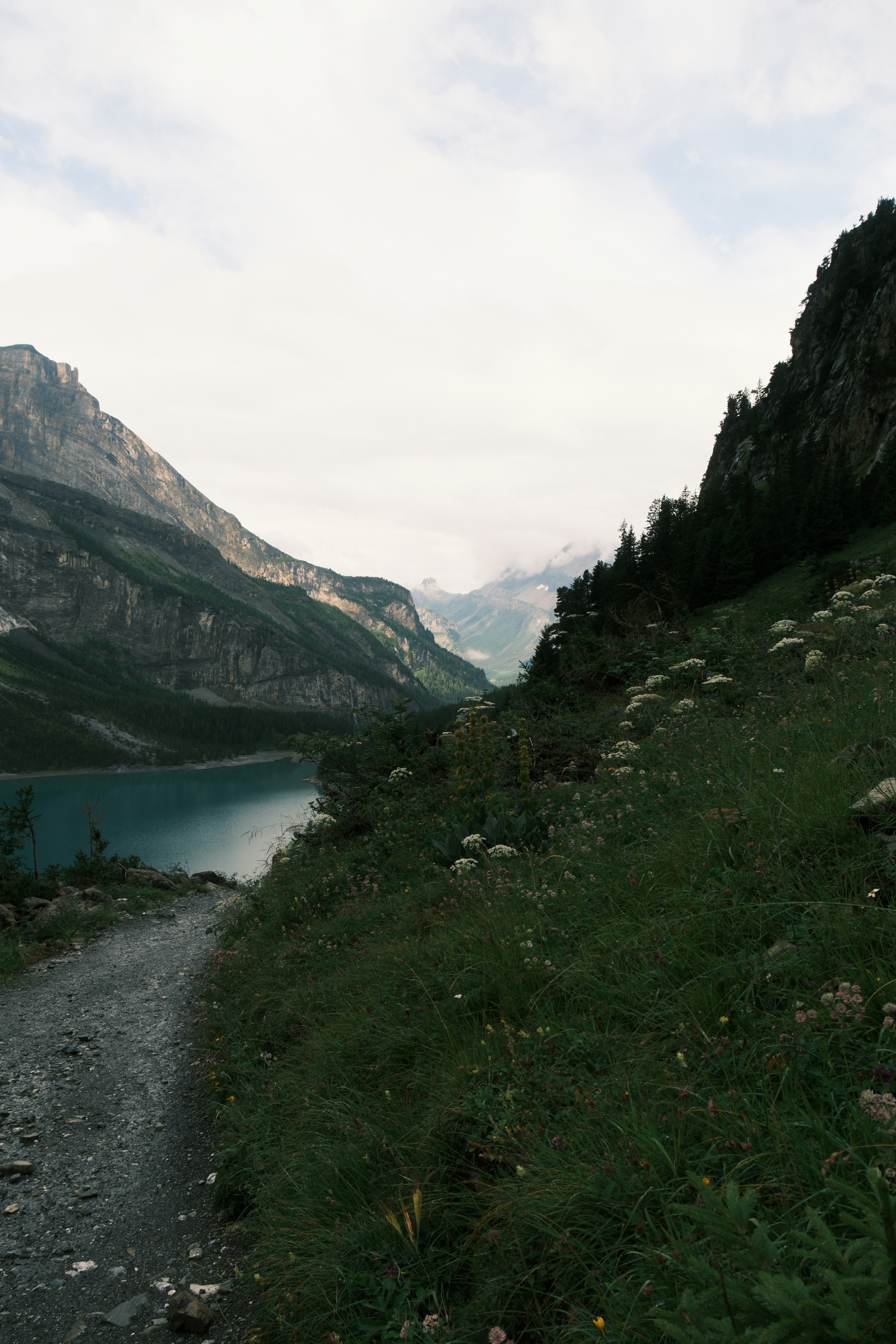 Winding trail alongside a serene lake, framed by majestic mountains and lush greenery. Soft clouds hover above, hinting at the day's calm atmosphere.