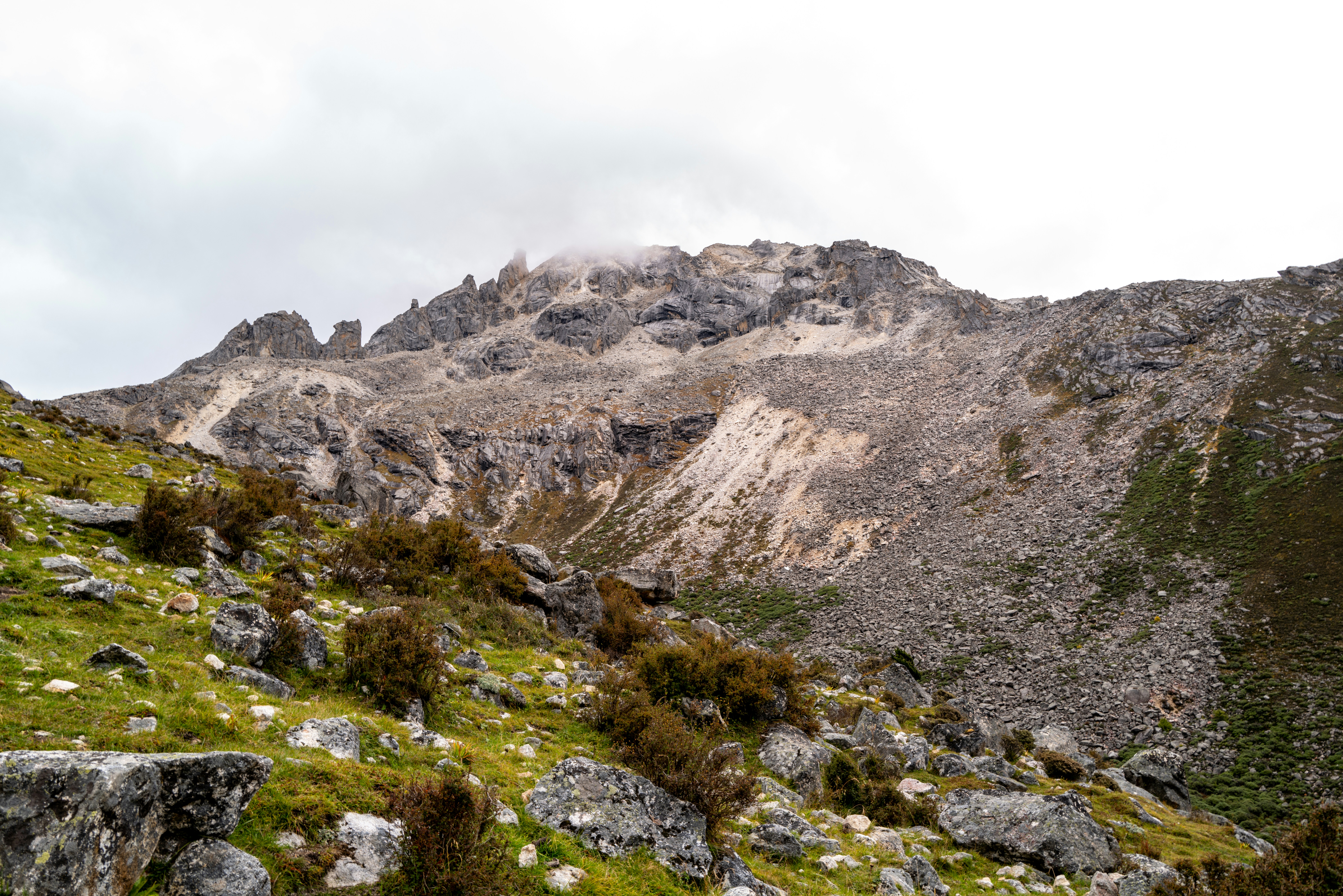Rocky mountain landscape with green grass and shrubs
