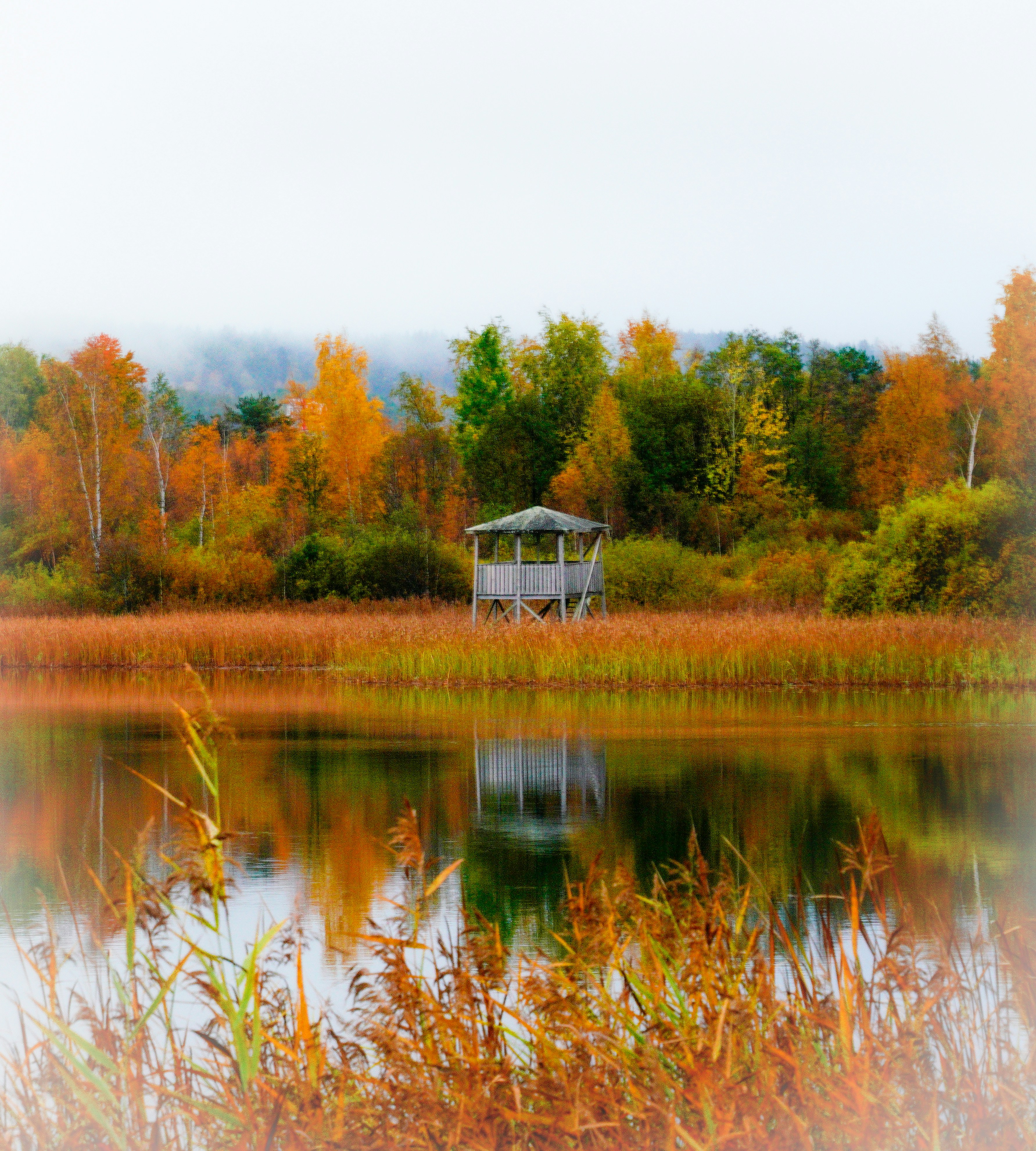 Small wooden structure by a lake in autumn