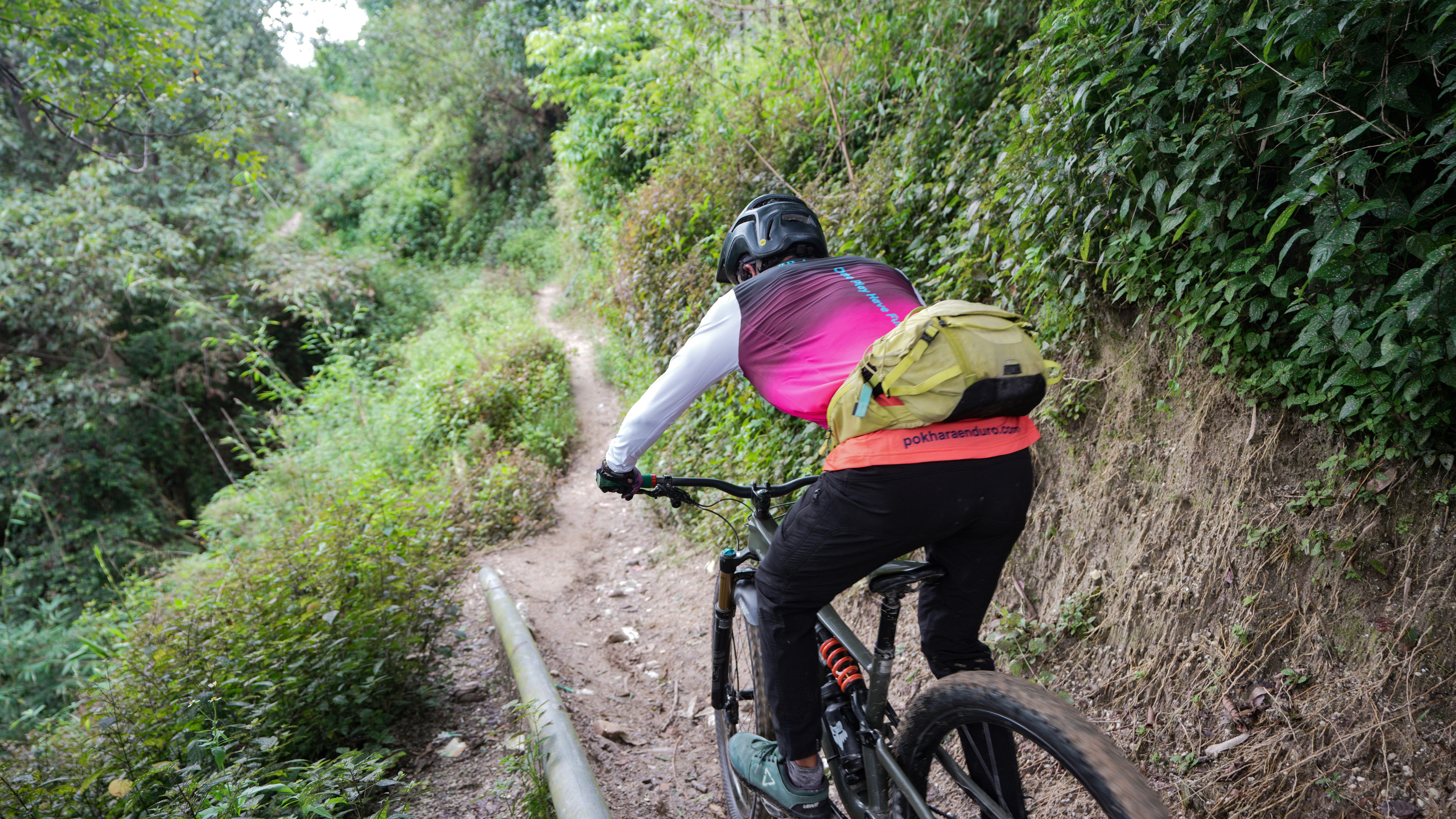 Mountain biker maneuvering along a narrow, overgrown path surrounded by lush greenery.