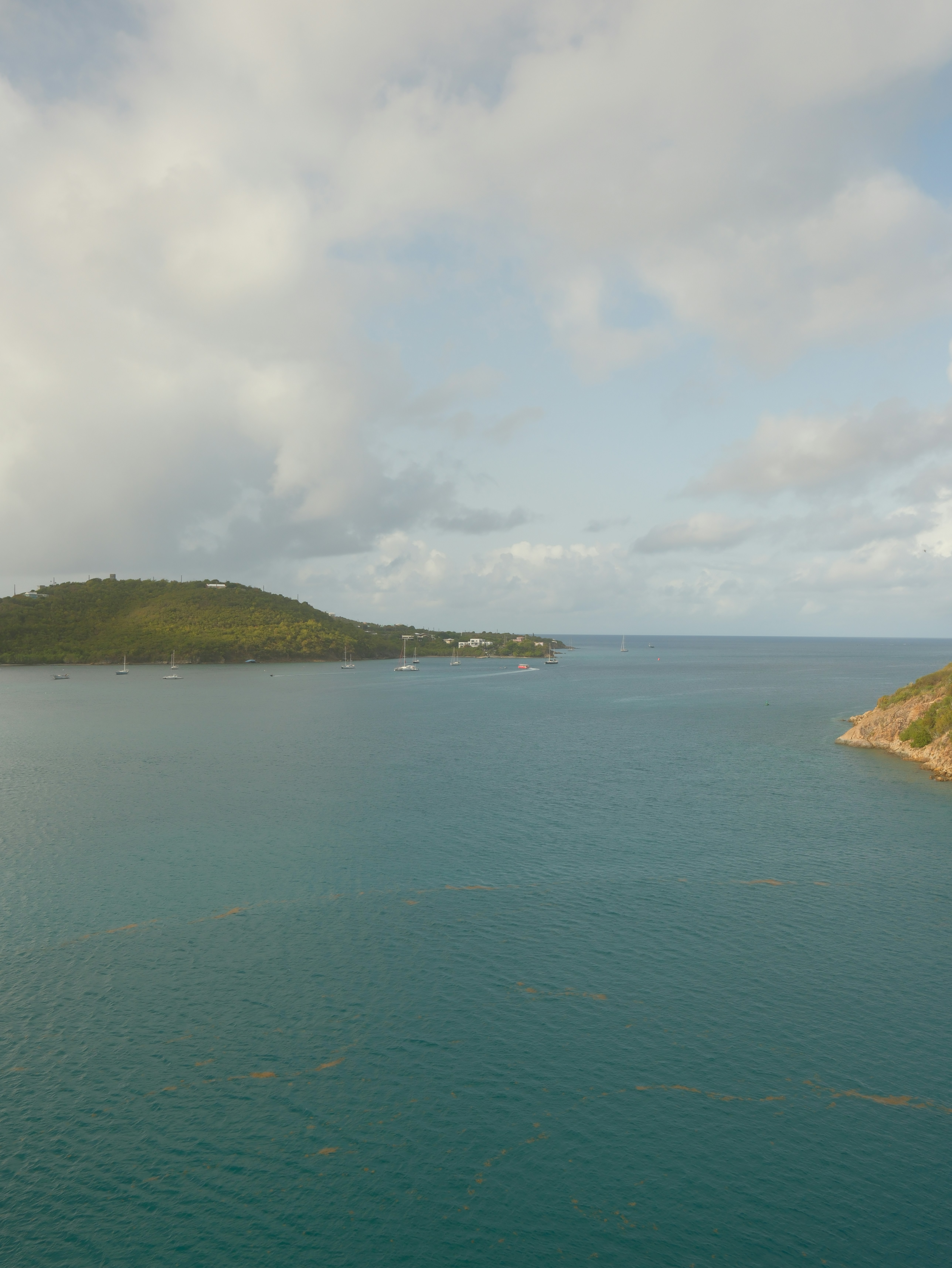 Calm turquoise waters meeting a lush green island under a cloudy sky, with sailboats dotting the horizon.