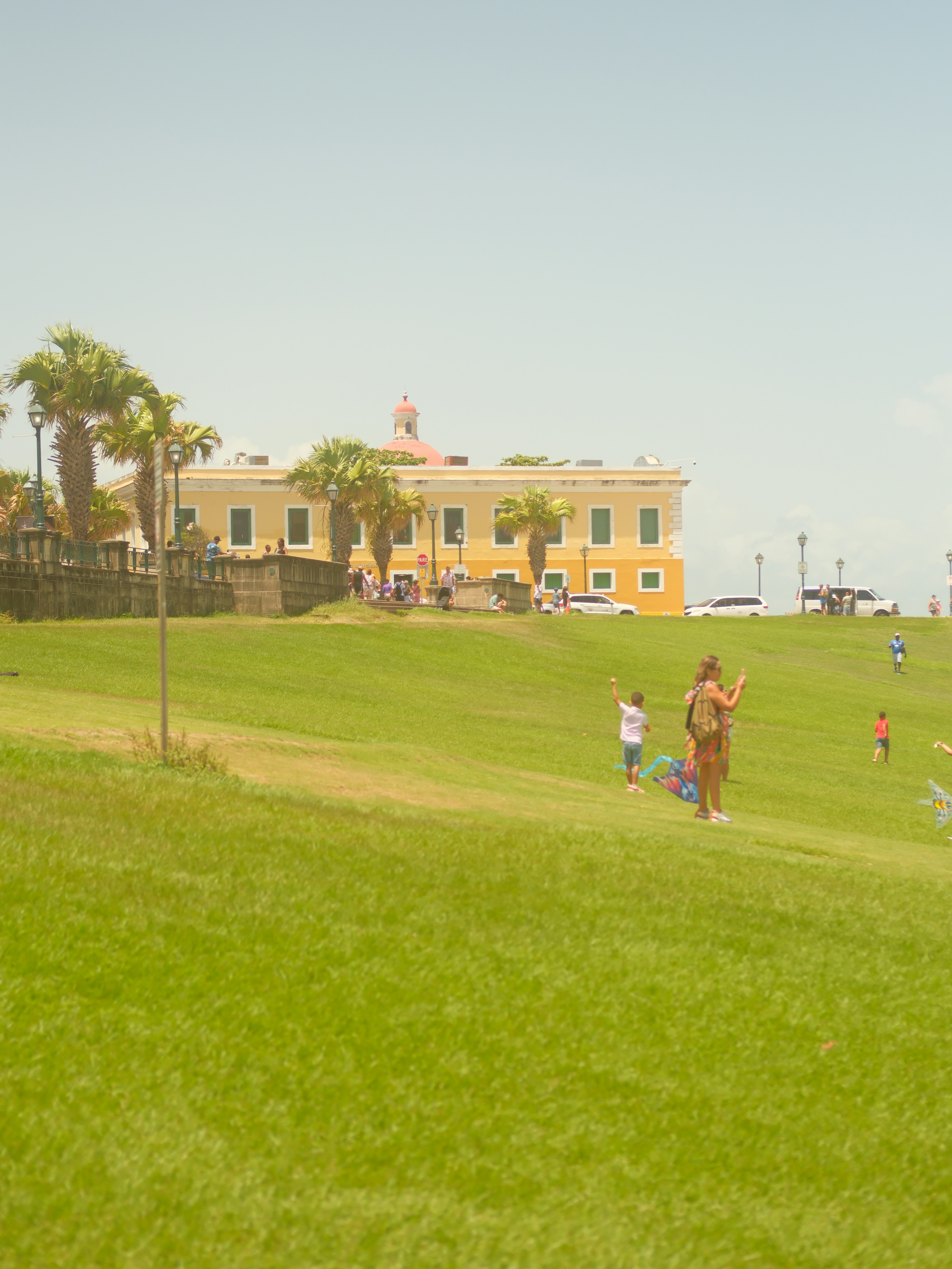 People flying kites on a grassy hill near building.