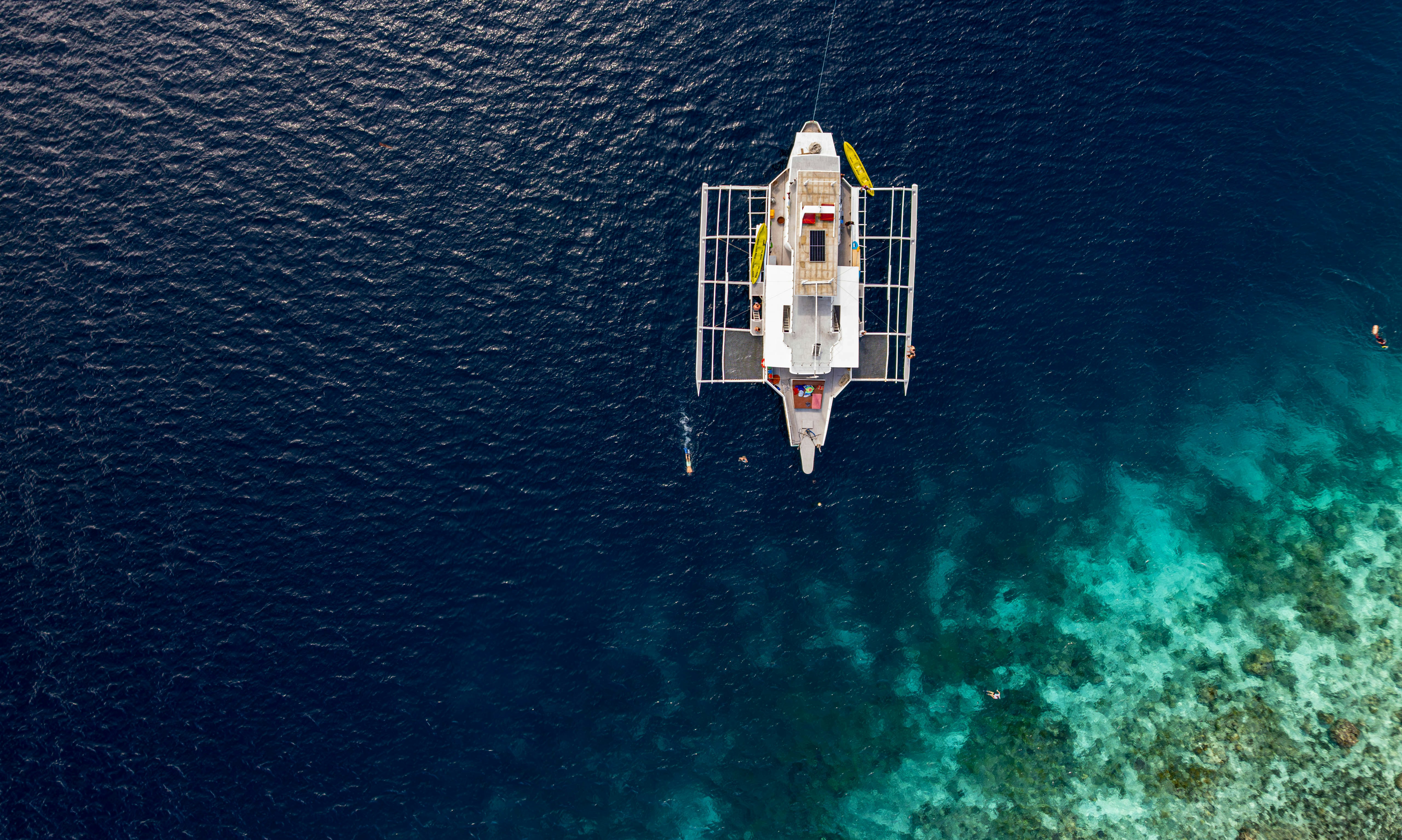 Catamaran boat sailing over clear blue ocean water