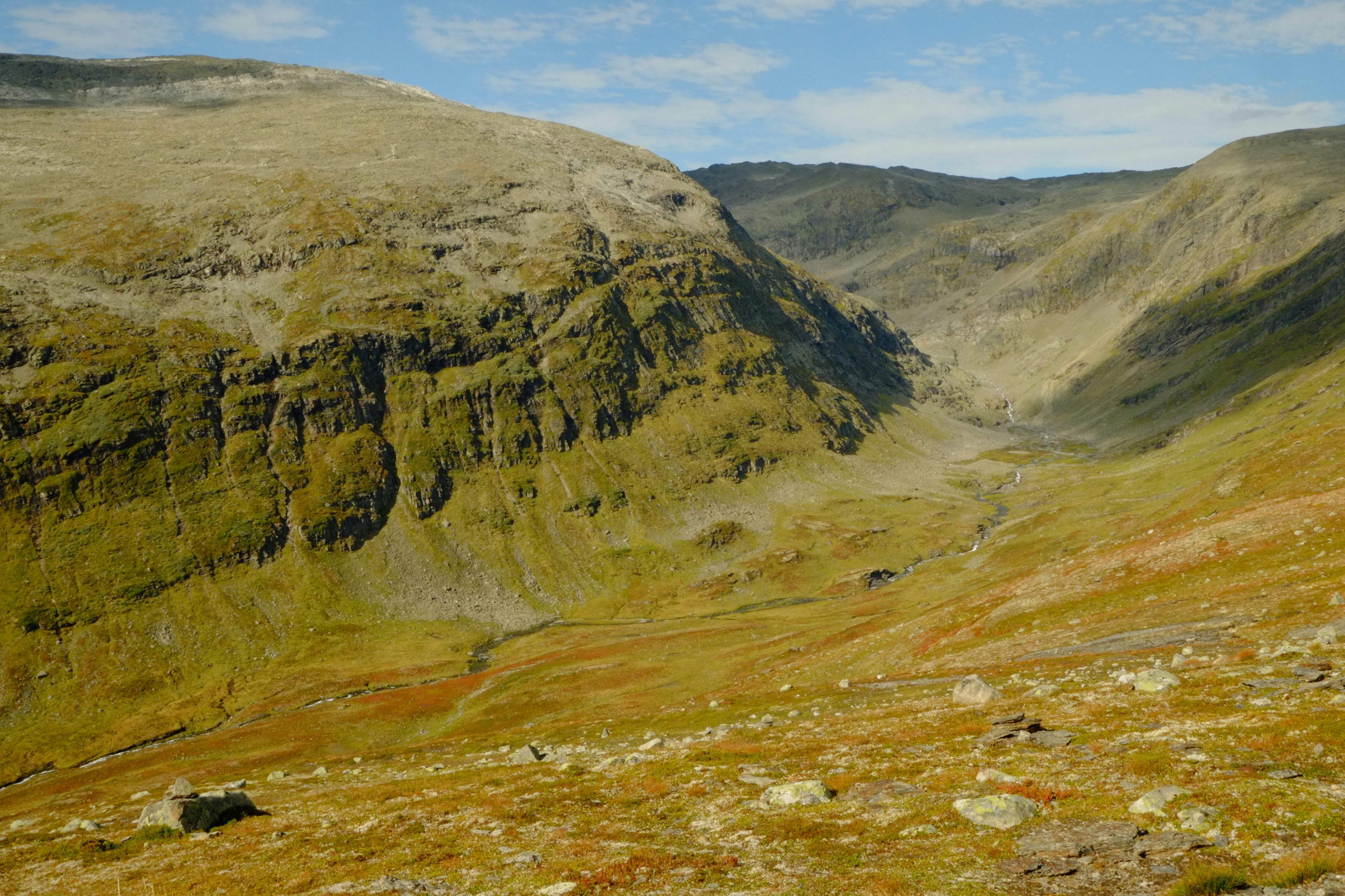 Expansive valley framed by rugged cliffs, showcasing vibrant green and orange hues of the terrain under a clear blue sky.