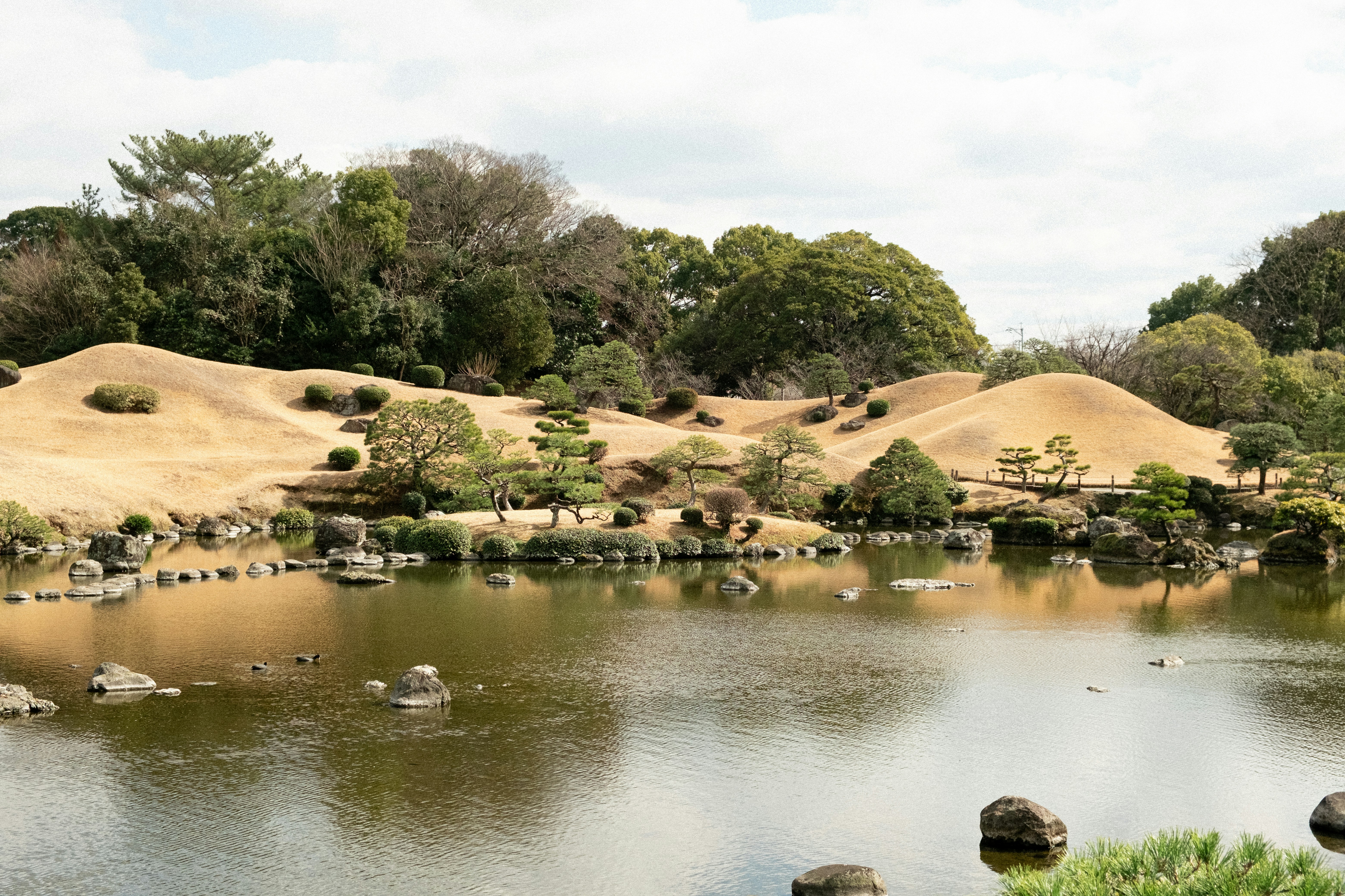 A serene landscape with a pond and rolling hills.