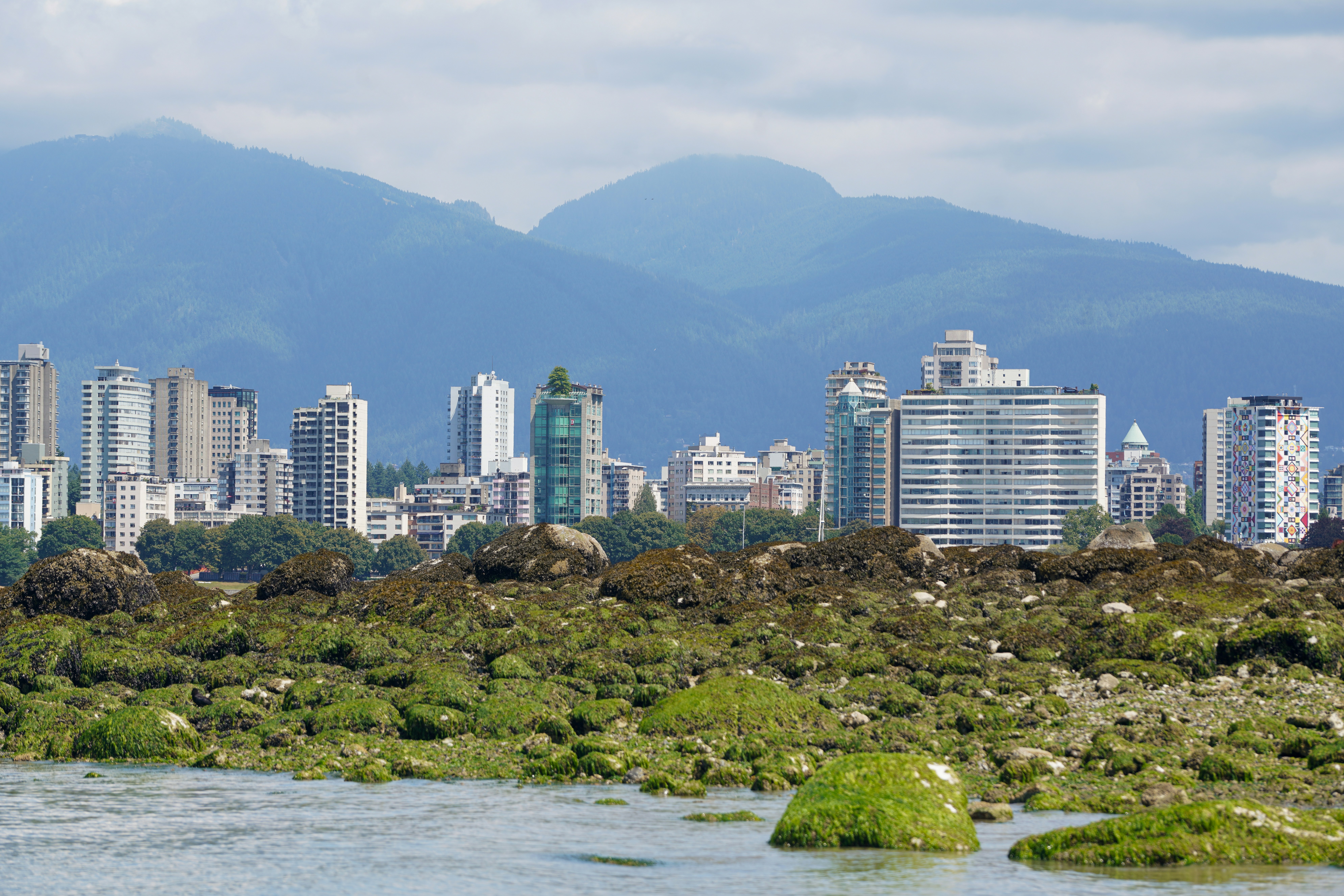 City skyline with mountains behind it