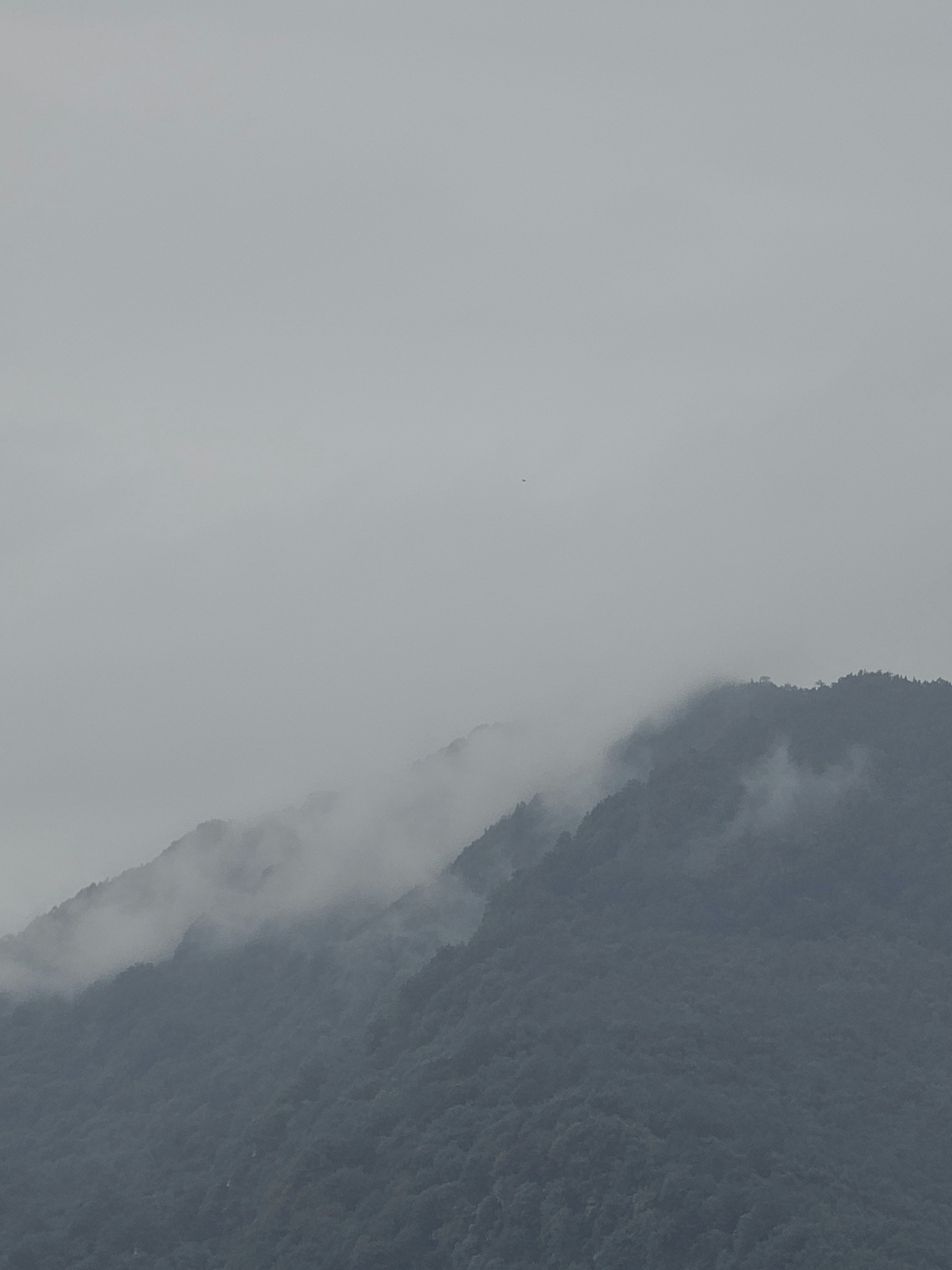 Misty mountain range shrouded in fog