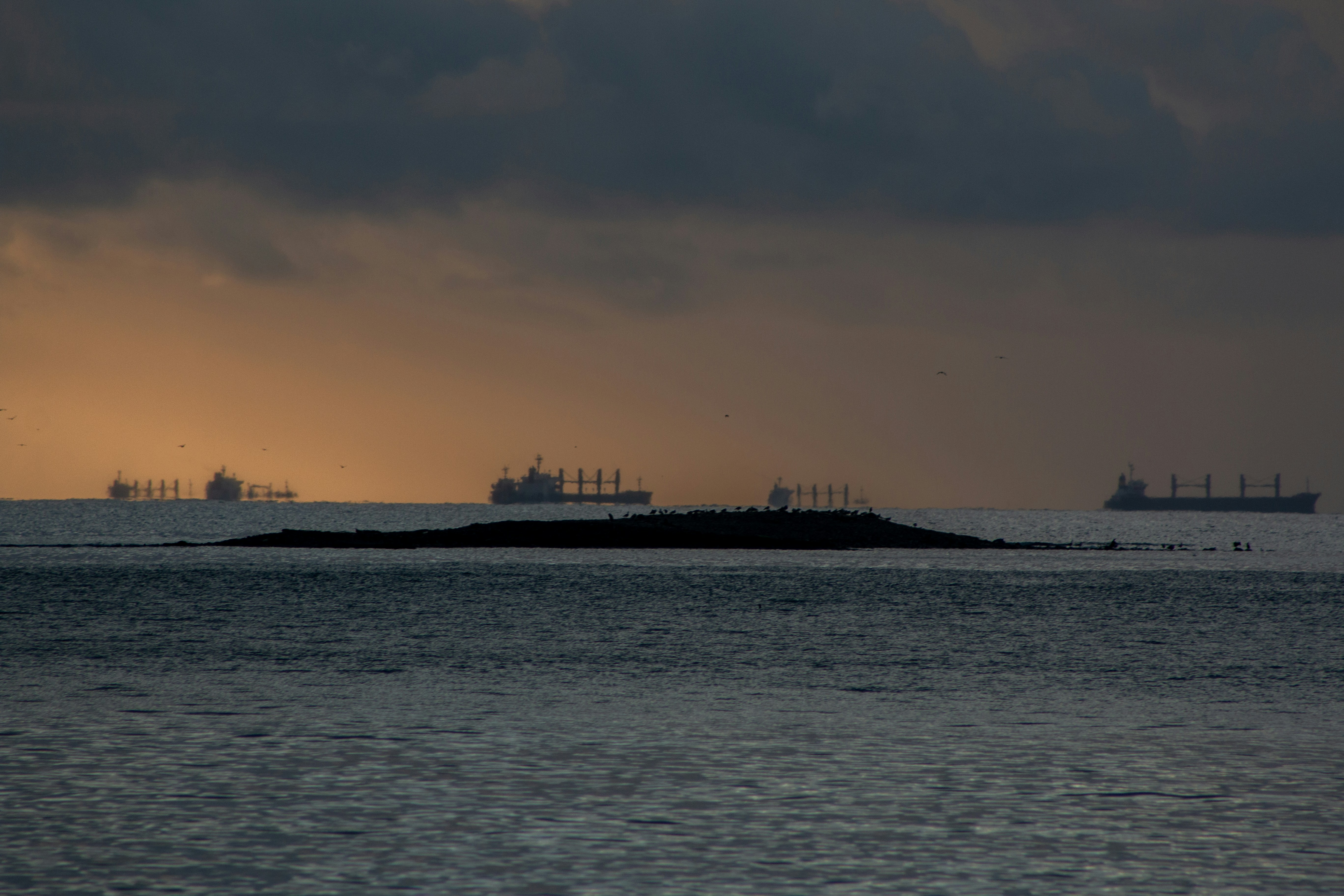 Cargo ships on the ocean at sunset