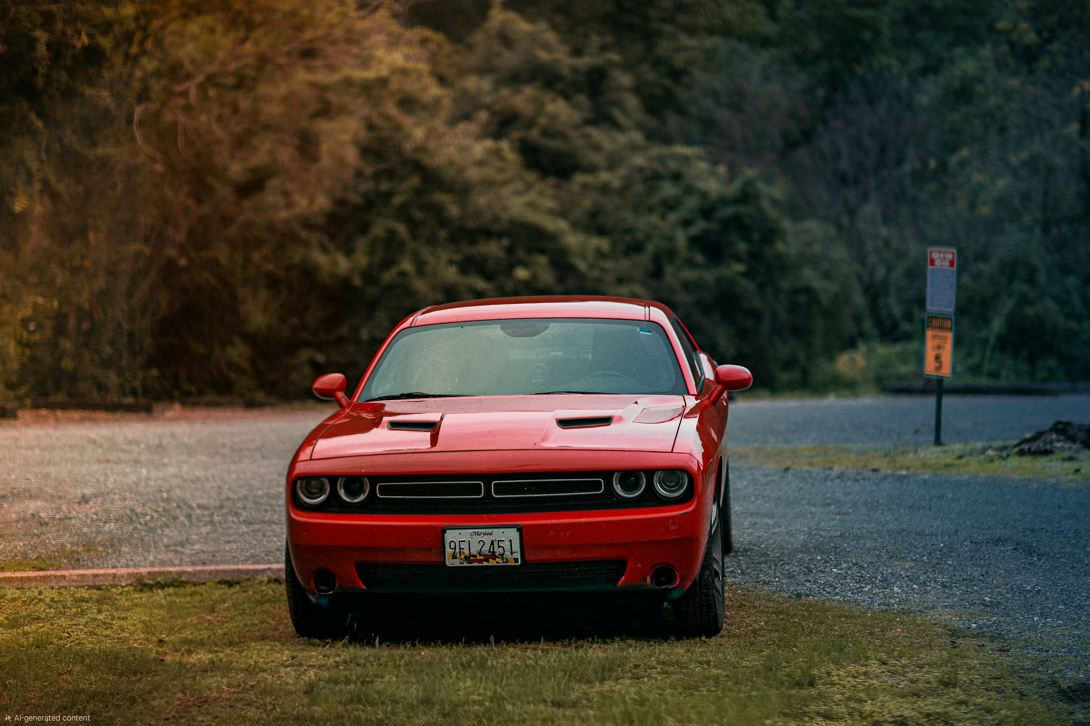 Red dodge challenger parked outdoors near trees.