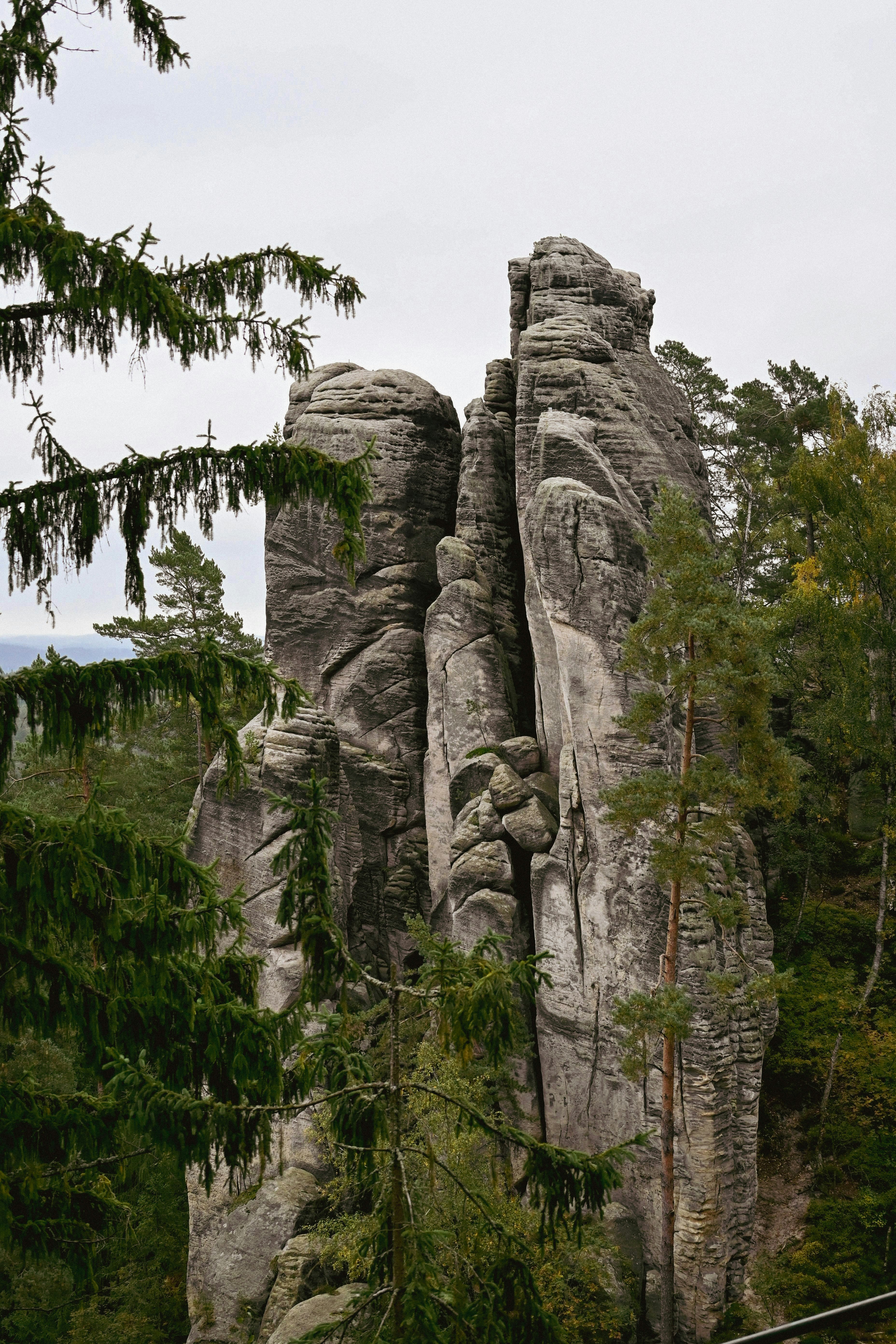 Tall rock formations surrounded by green trees