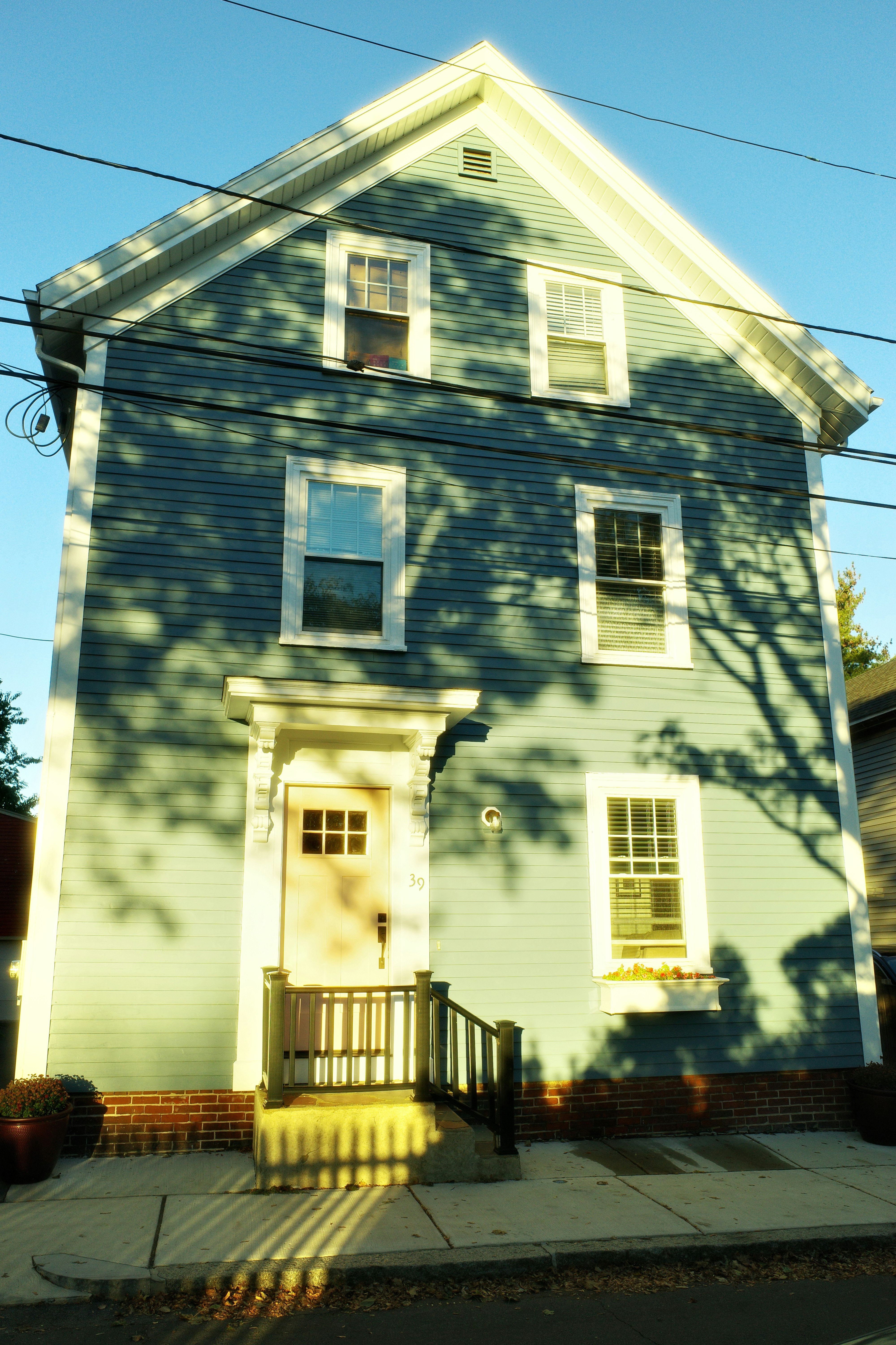 A light blue house with shadows from trees.