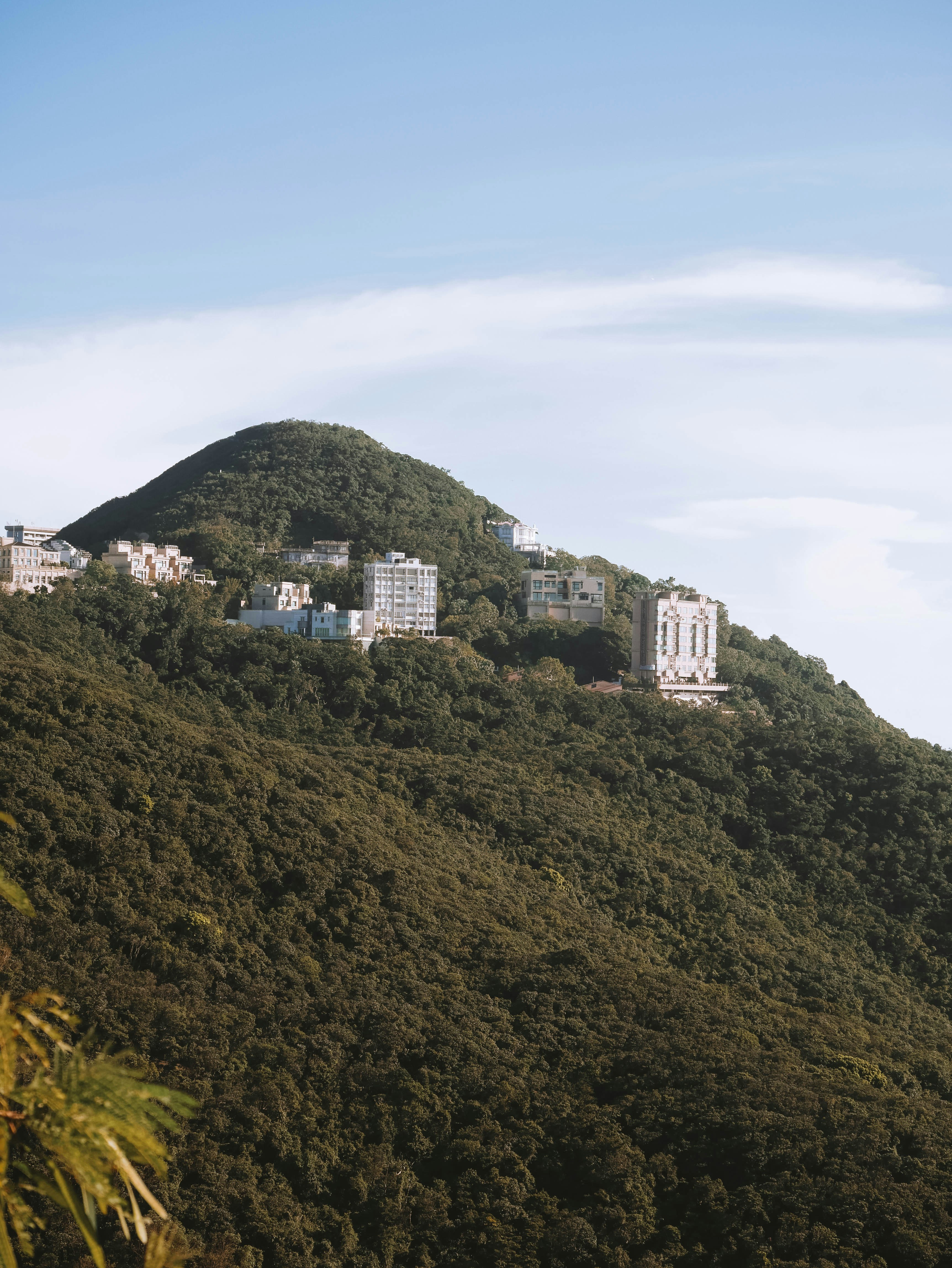 Buildings nestled on a lush, green mountainside under blue sky.