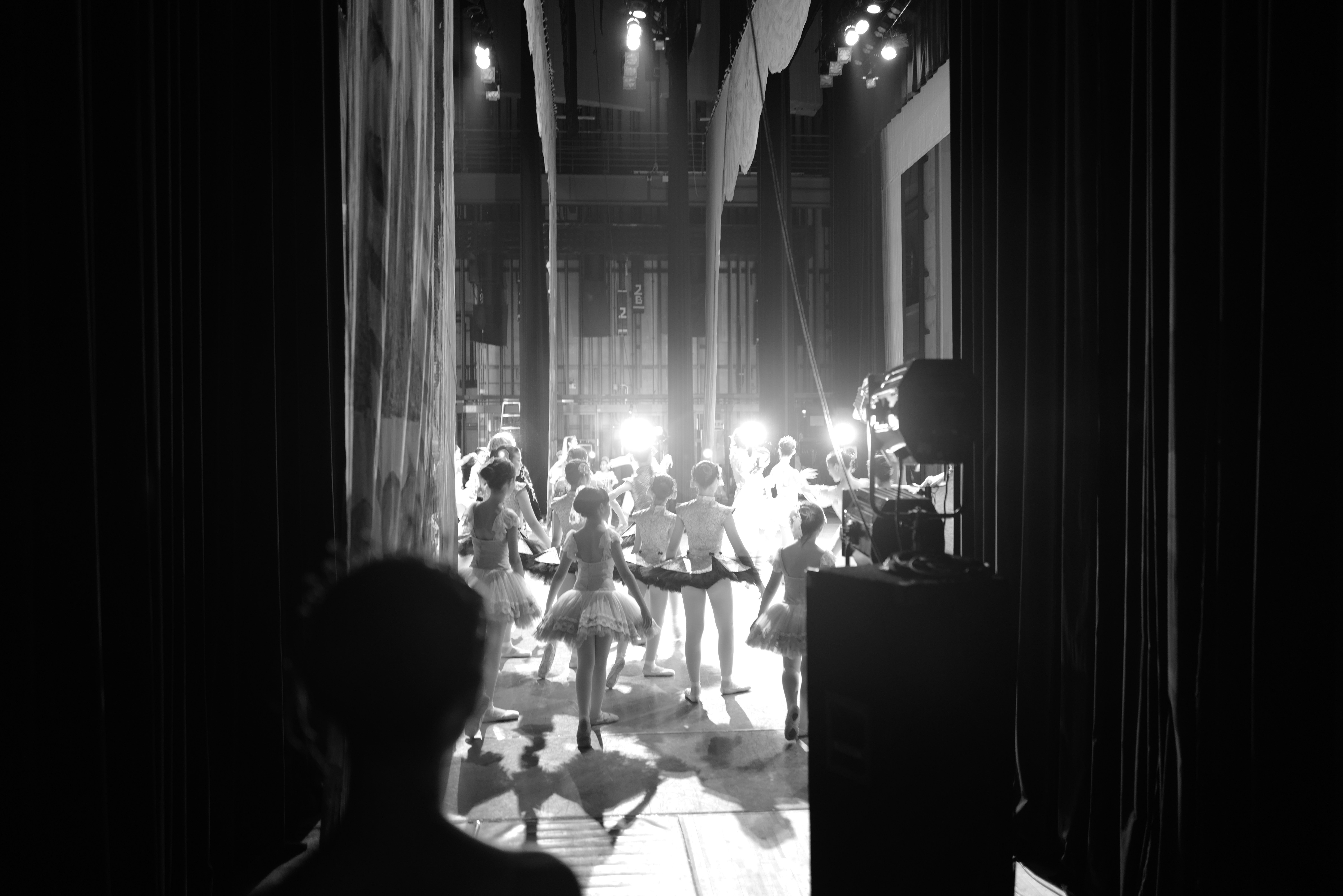 Ballet dancers in tutus on a brightly lit stage.