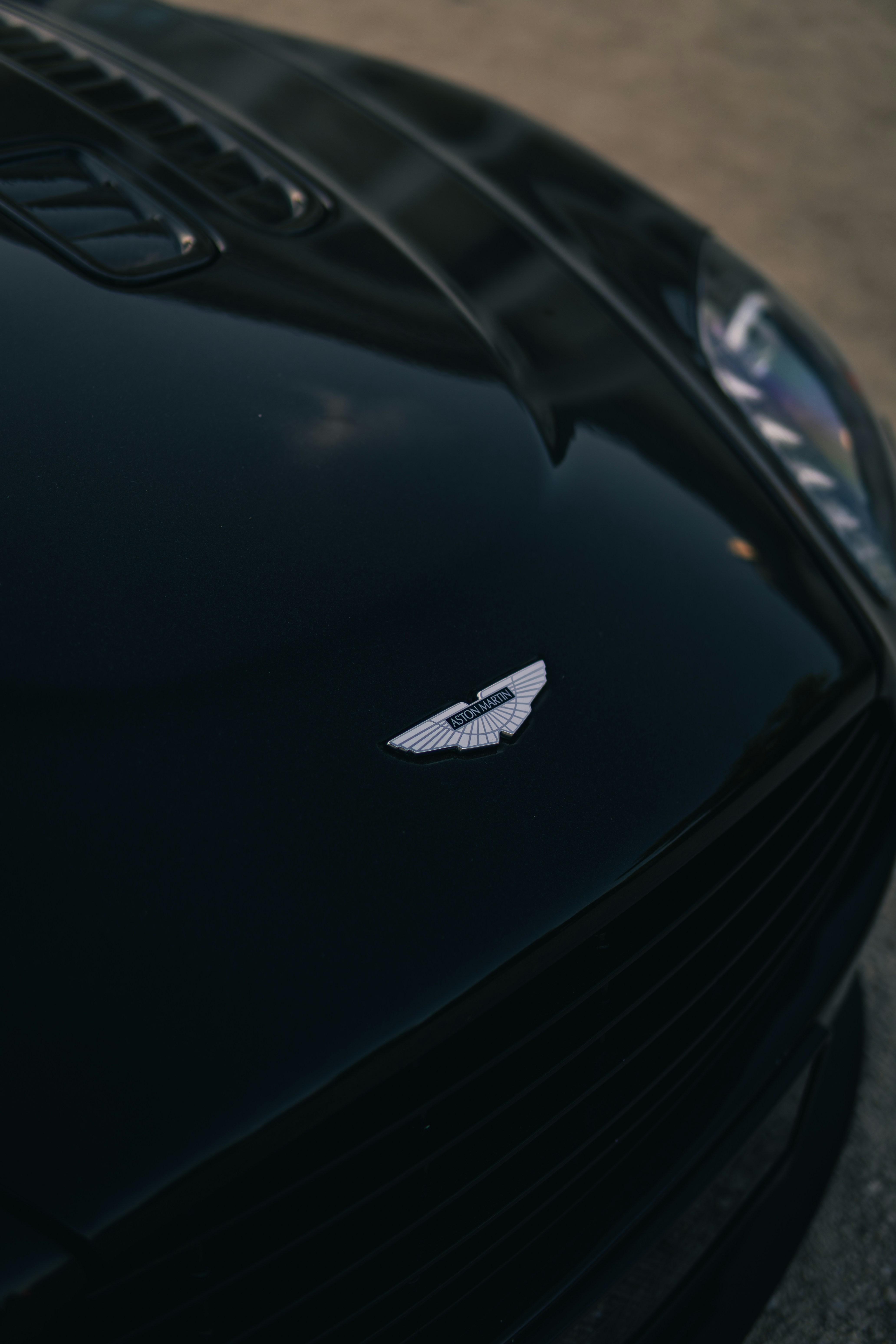 Winged Aston Martin Emblem Resting on a Glossy Black Hood