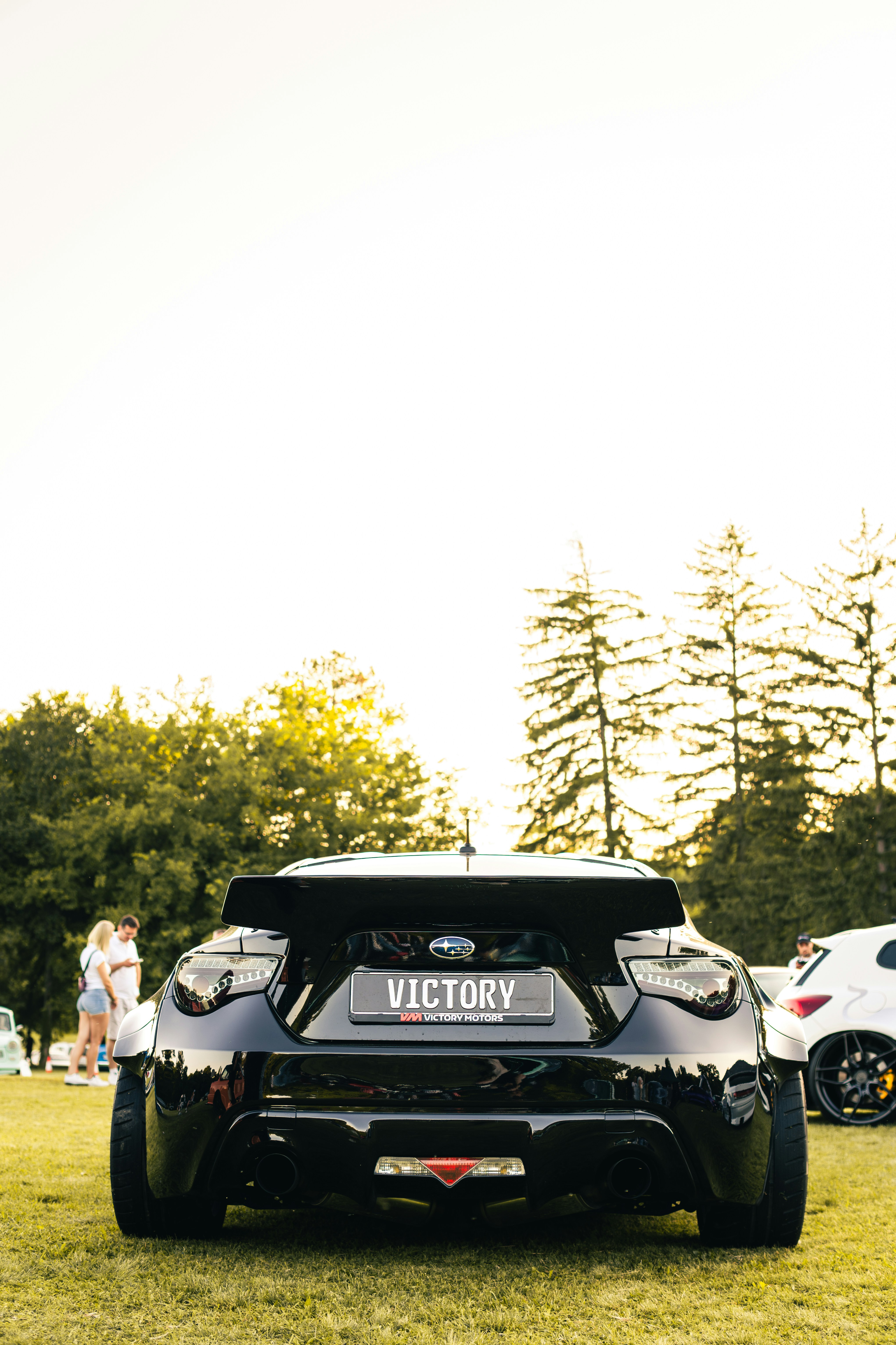 Victory at the Meadow: Rear view of a black sports coupe at a sunlit car meet