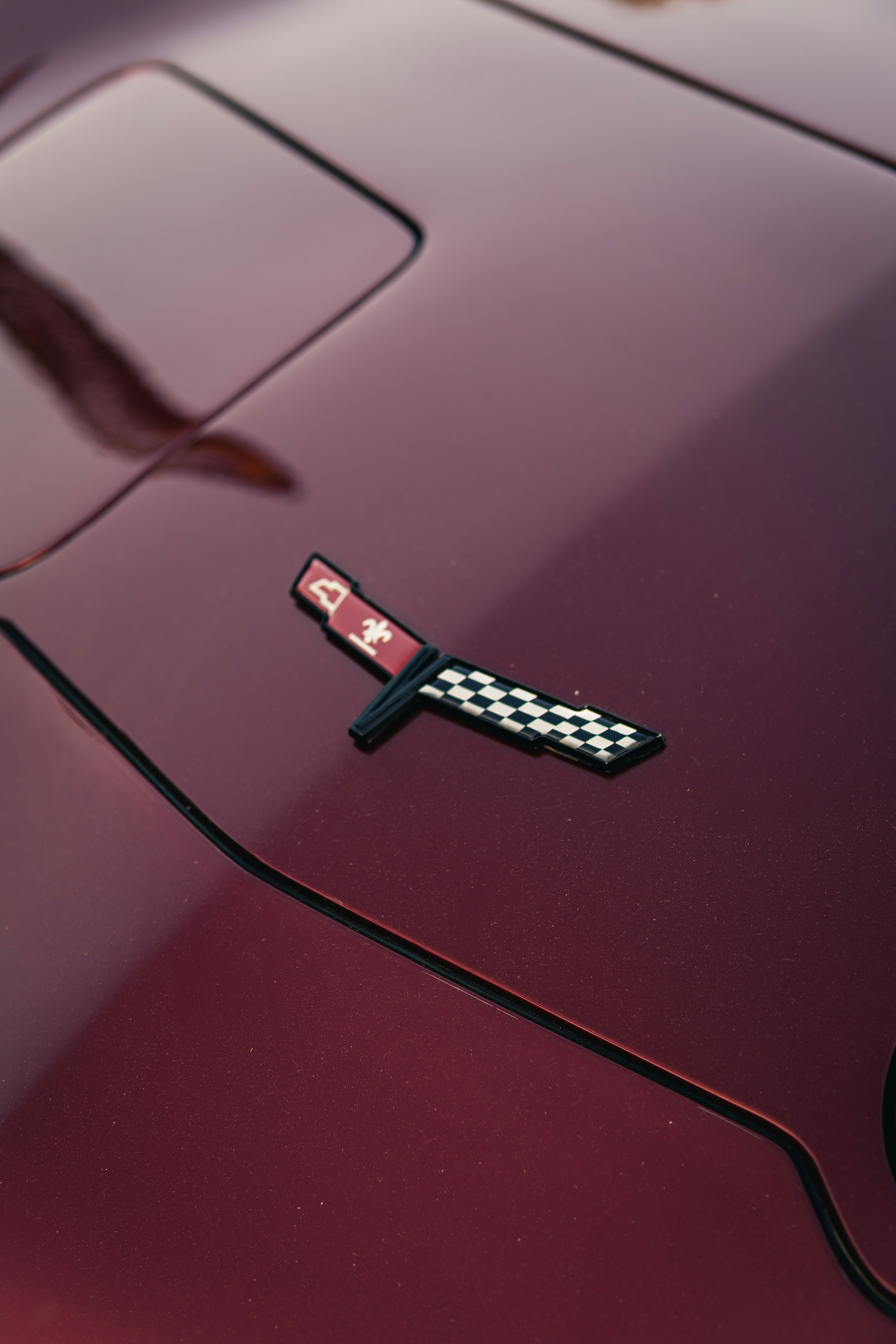 Crimson Badge, Quiet Power: Corvette Emblem on a Glossy Hood
