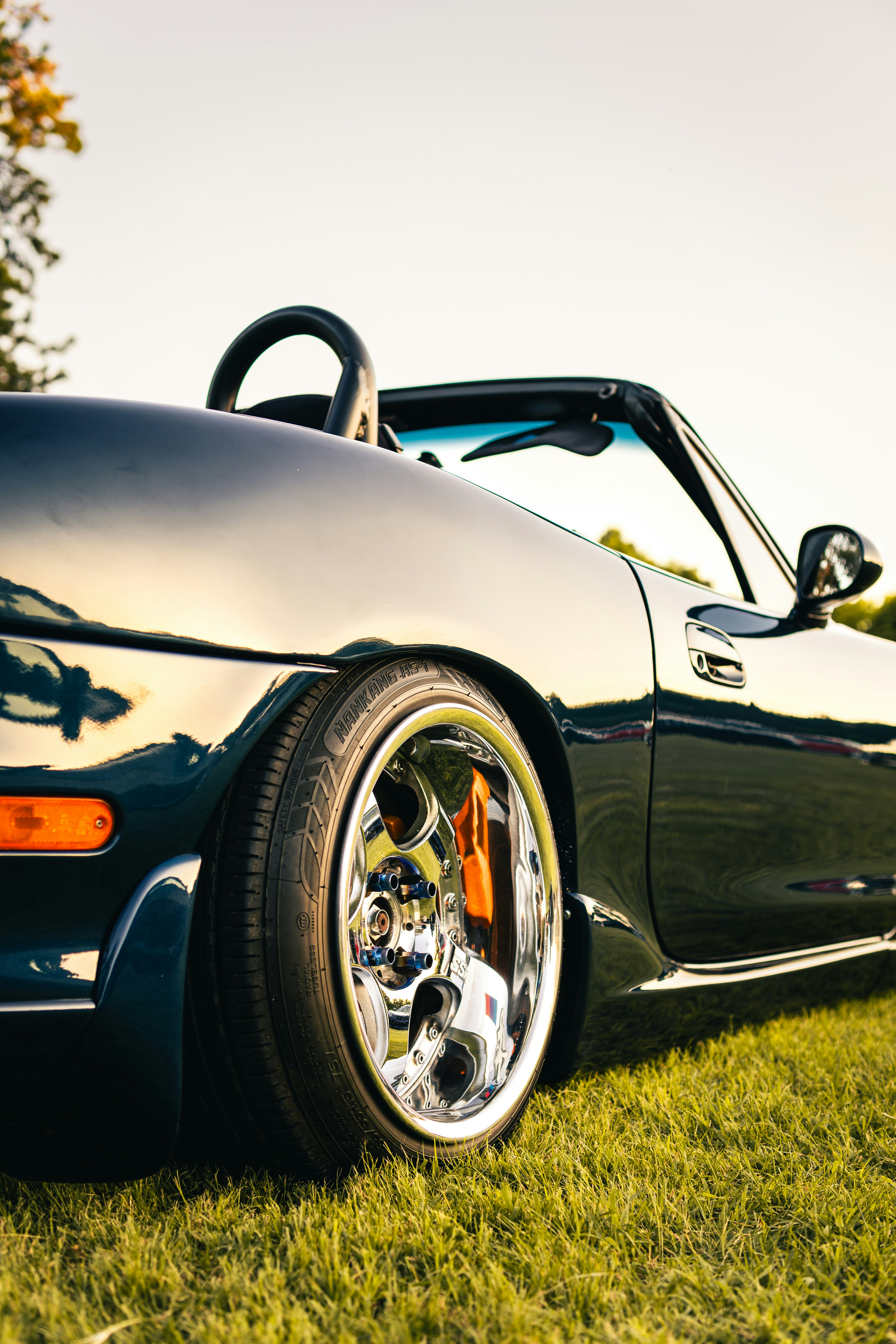 Sunlit Chrome and Grassy Gaze: A Low-Angle Portrait of a Convertible