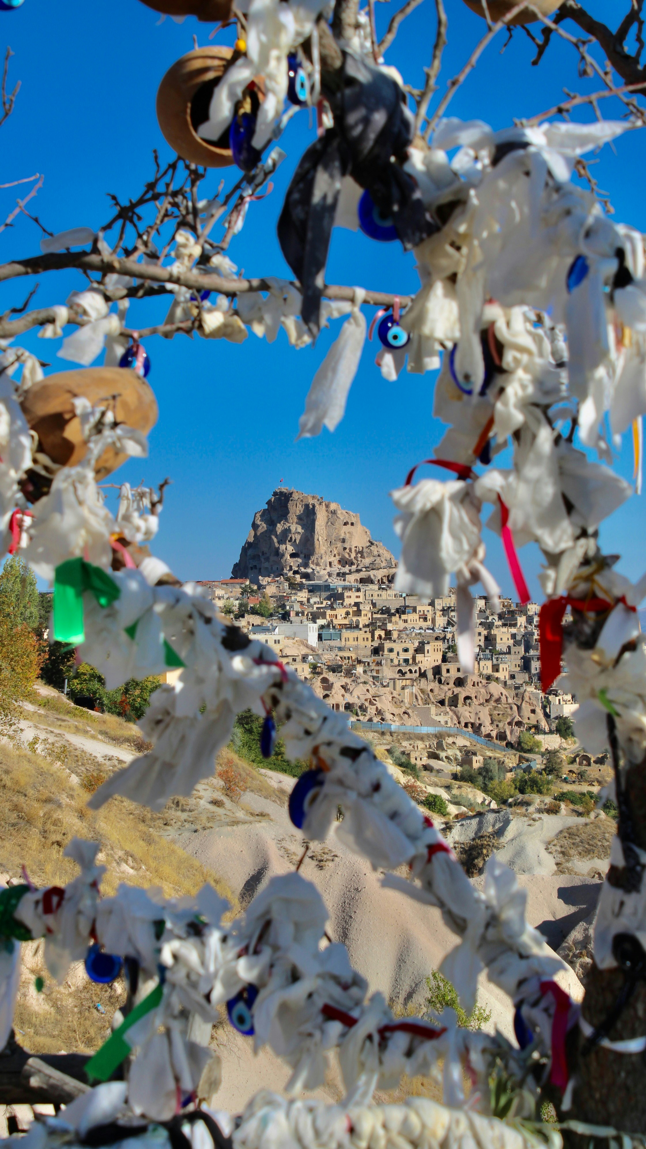Tree branches adorned with white ribbons and evil eye charms.