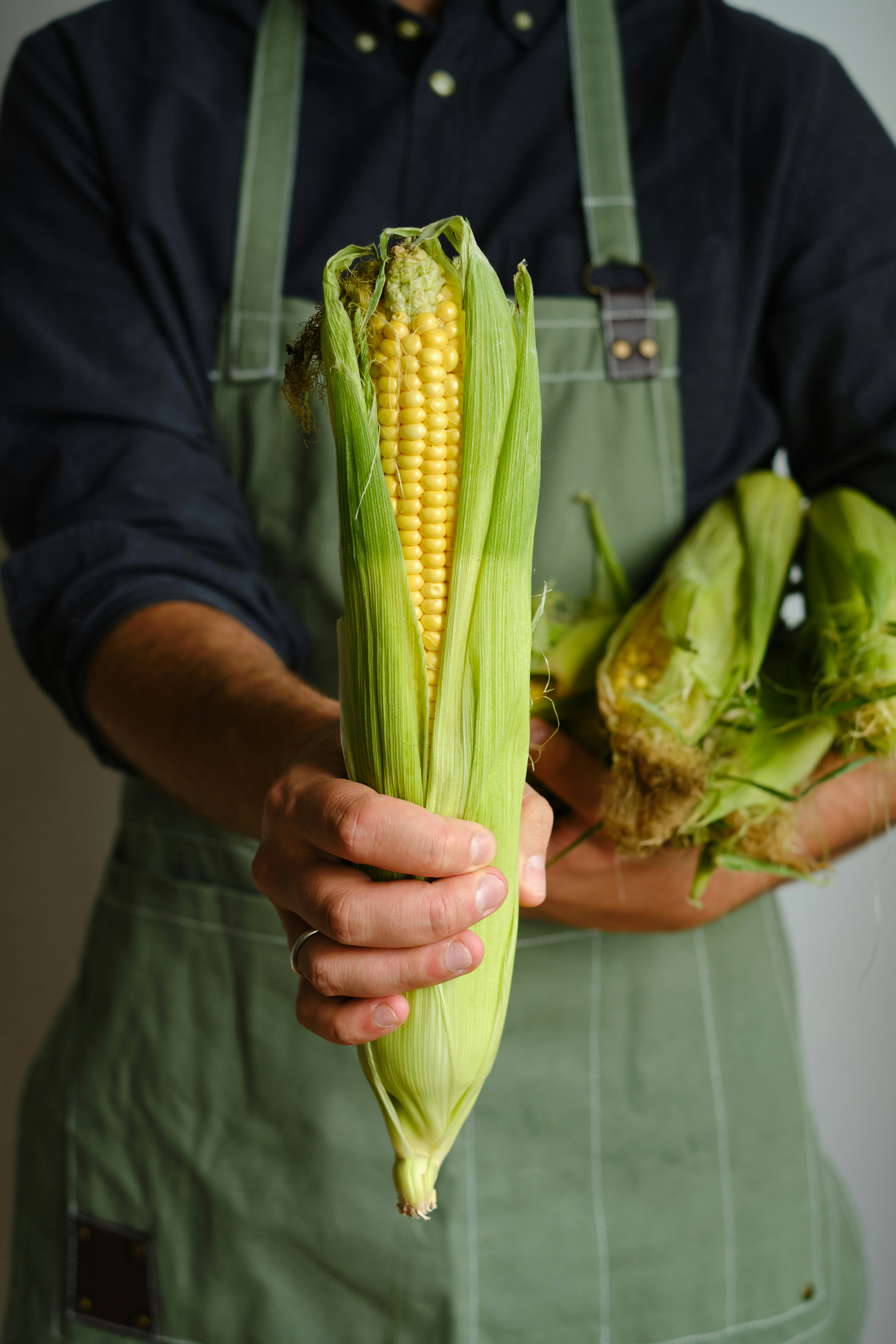 Man in an apron peels fresh corn. A man farmer harvesting corncob. Preparing for cooking in the kitchen. Natural organic vegetable. Healthy eating, food diet. Summer agriculture, grain. Maize closeup