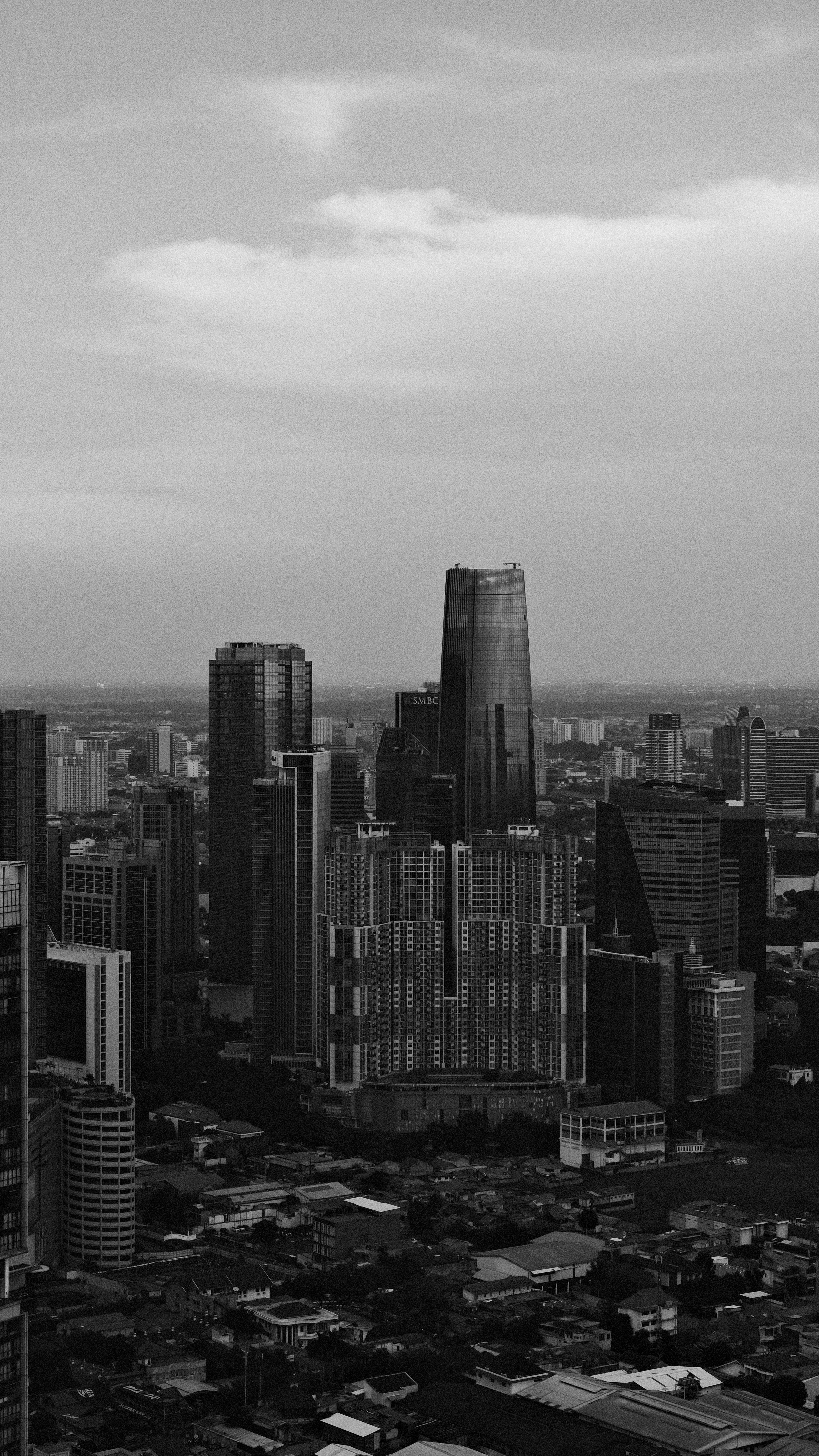 Monochrome cityscape with tall modern buildings under cloudy sky.
